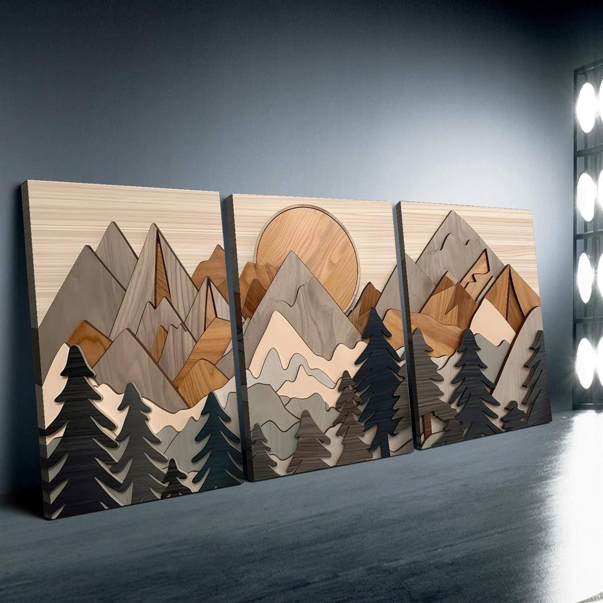 blue 3pcs Wood Frame Wooden mountain murals, rural wood effect art ...