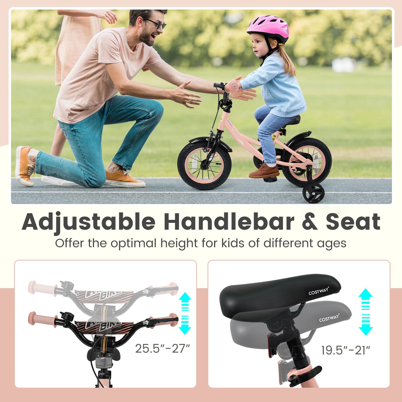 Costway 12 Inch Kids Bike with Training Wheels Dual Brakes Adjustable Seat Handlebar Height Pink ...