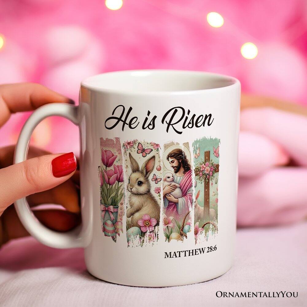 OrnamentallyYou He Is Risen Easter Jesus Mug, Matthew 28:6 Christian ...