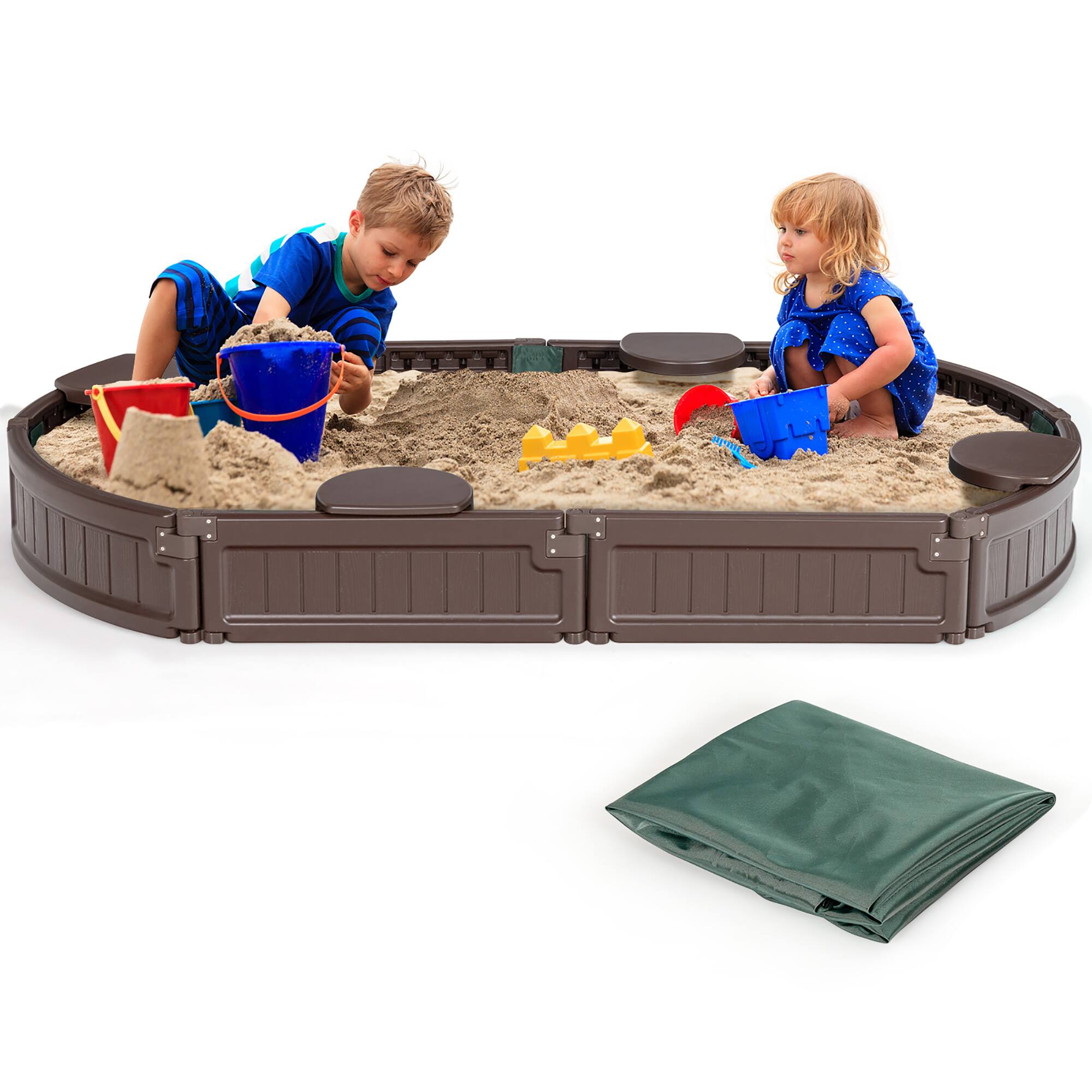 Costway 6F Wooden Sandbox with Built in Corner Seat, Cover, Bottom ...