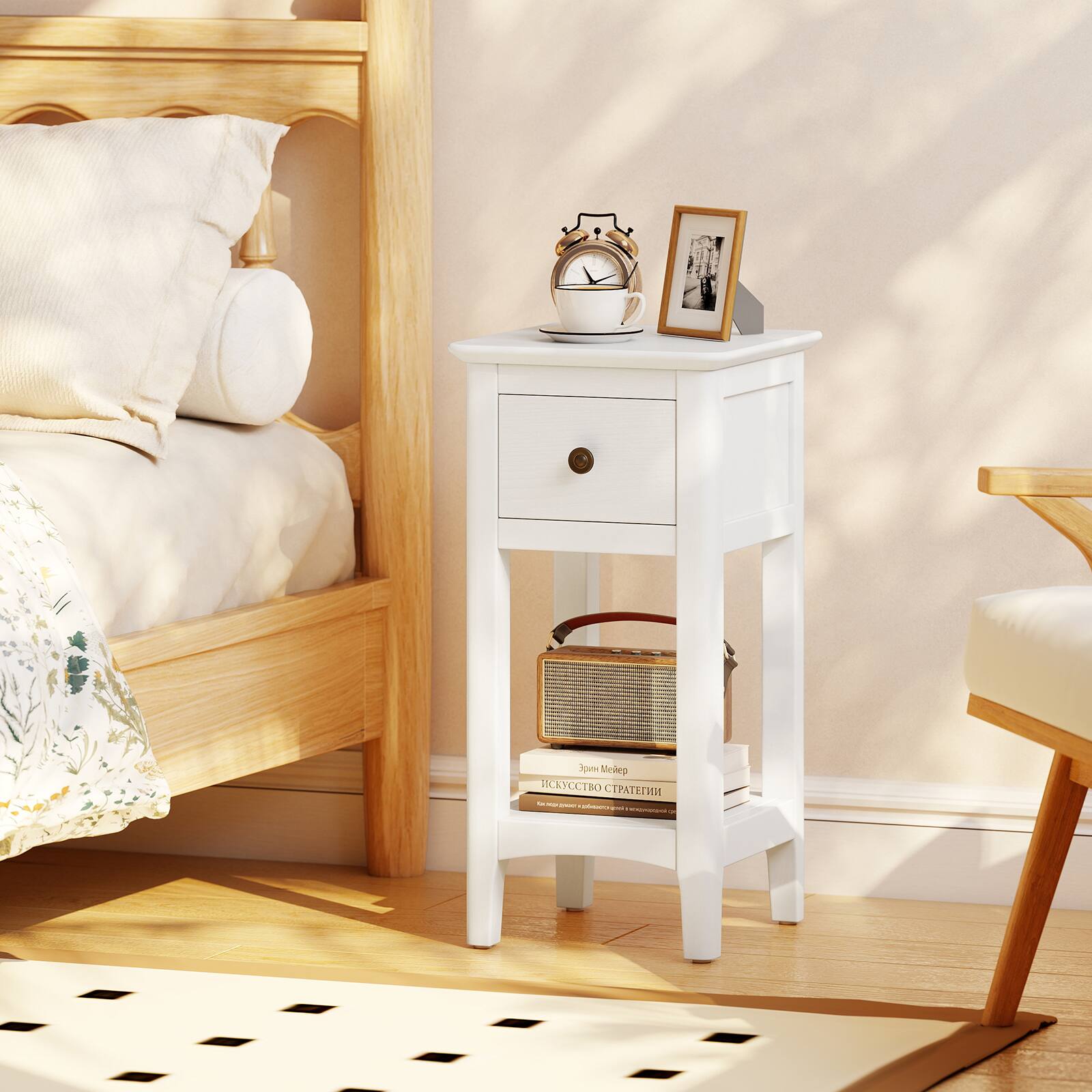 Gymax Nightstand 3 Tier Bedside Table w/ Open Storage Shelf & Narrow ...