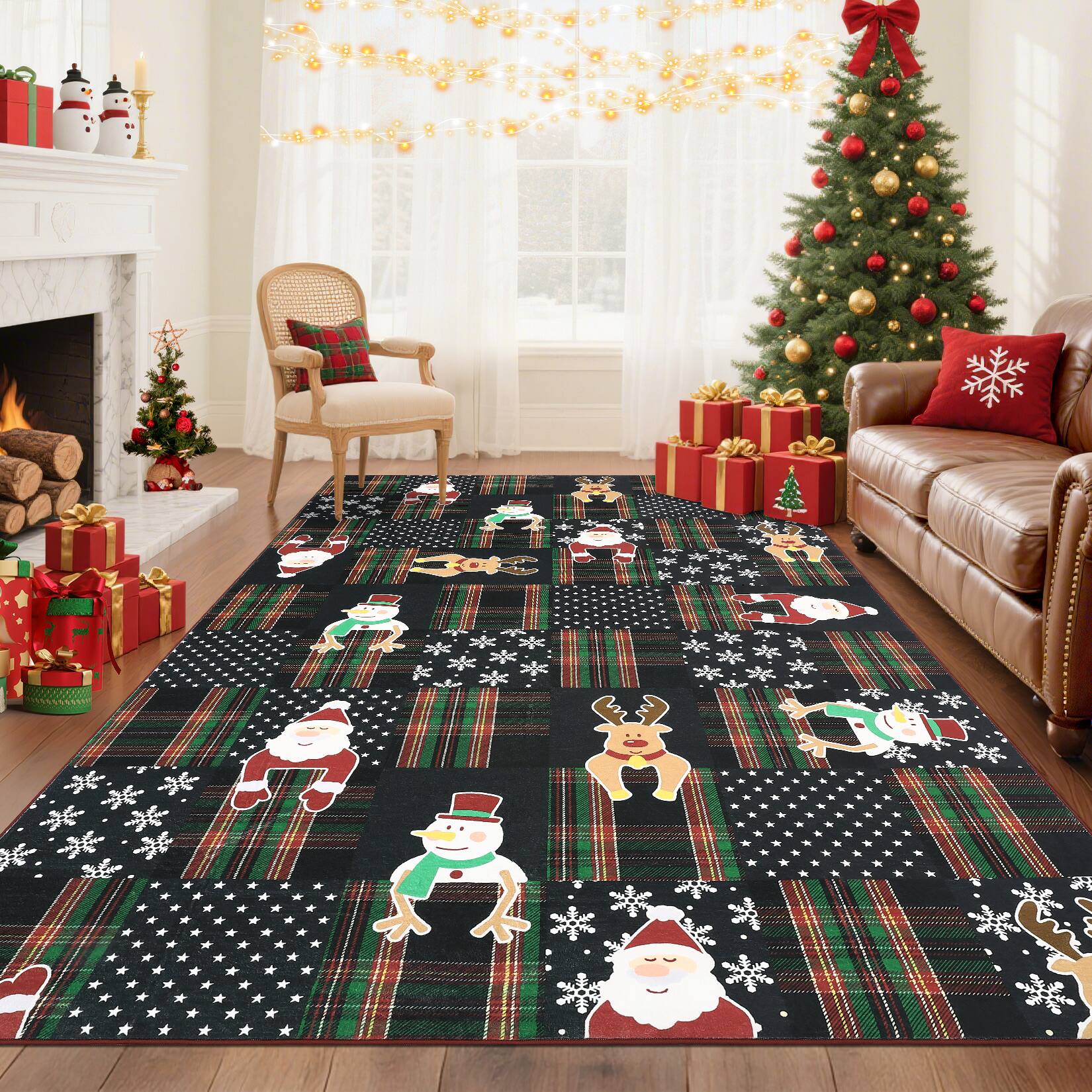 Jojoka 8x10 ft Christmas Runner Rug, Snowman Reindeer Plaid Print ...