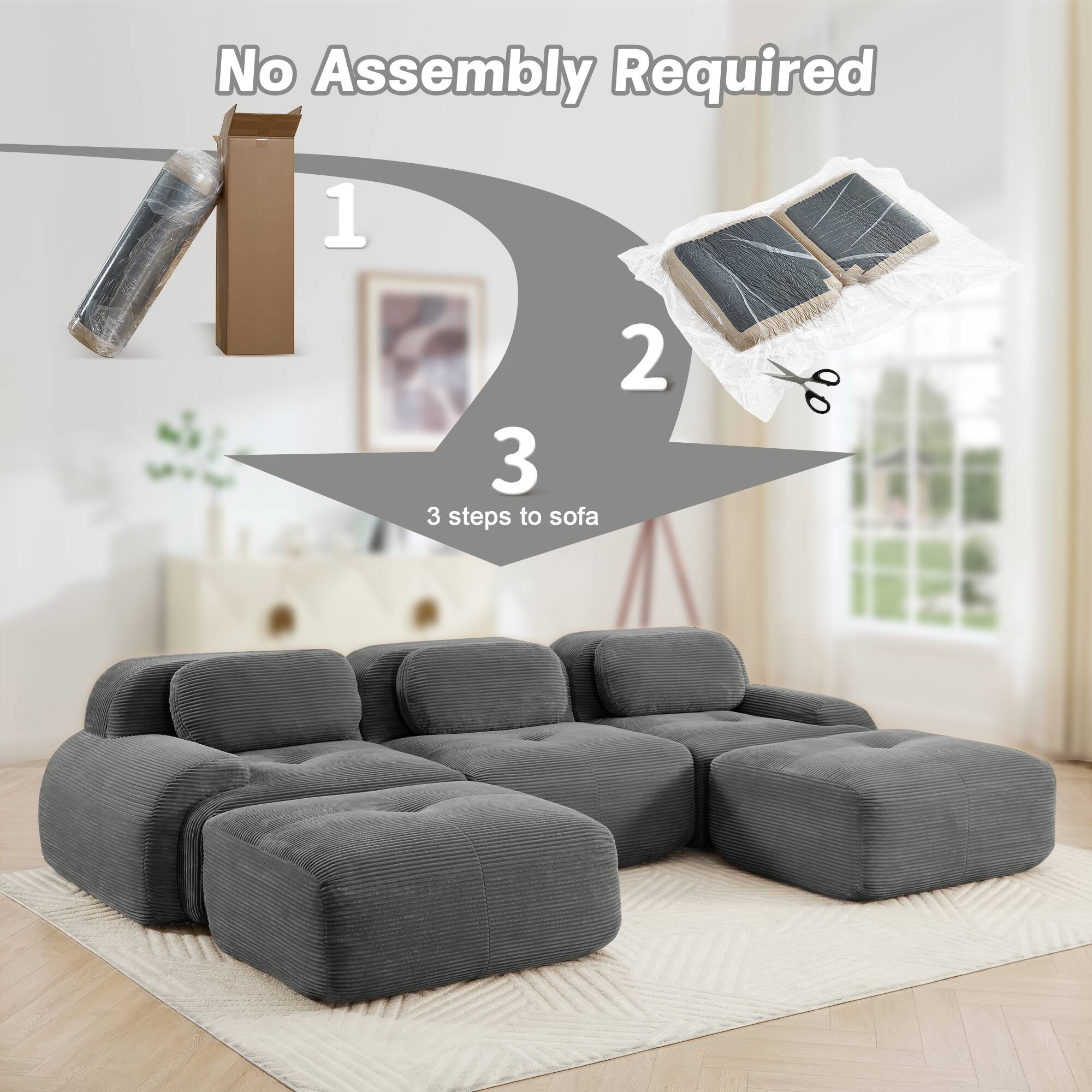 Aukfa 3 Seats + 2 Ottoman Modular Corduroy Sectional Sofa Ergonomic ...