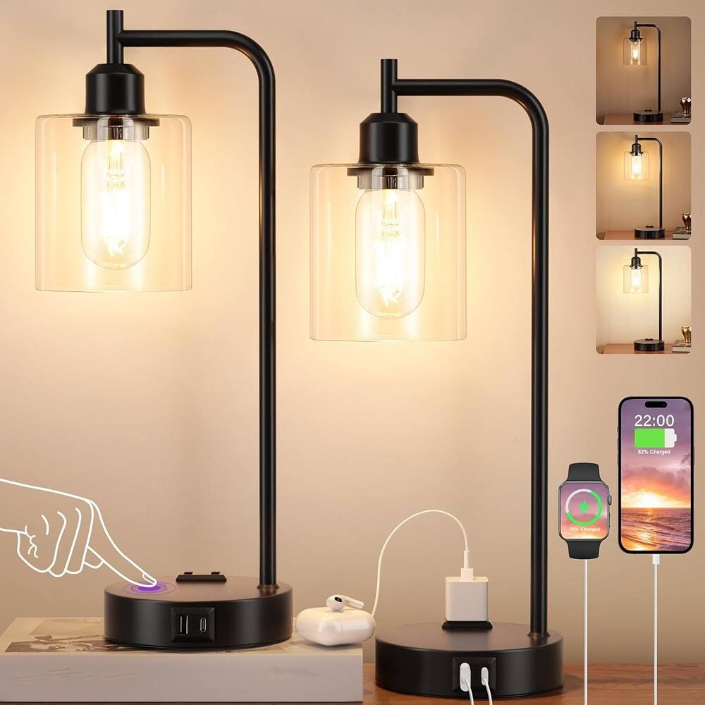 RTMB - Industrial Table Lamps Set of 2 – 3-Way Touch Dimmable, USB-C/A ...