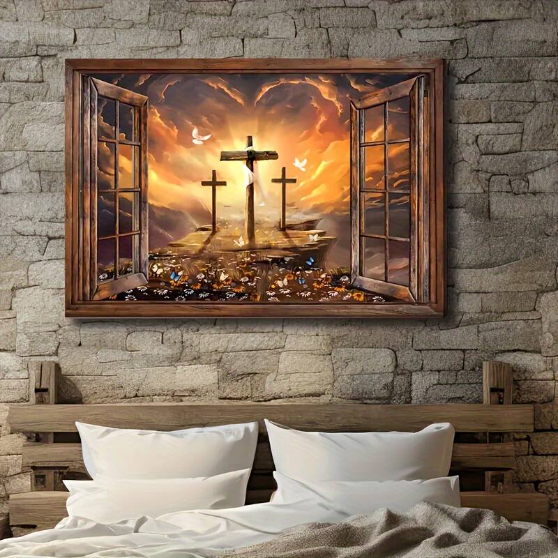 blue 1pc Window Frame Sunset Painting, Path To Heaven The Three Crosses ...