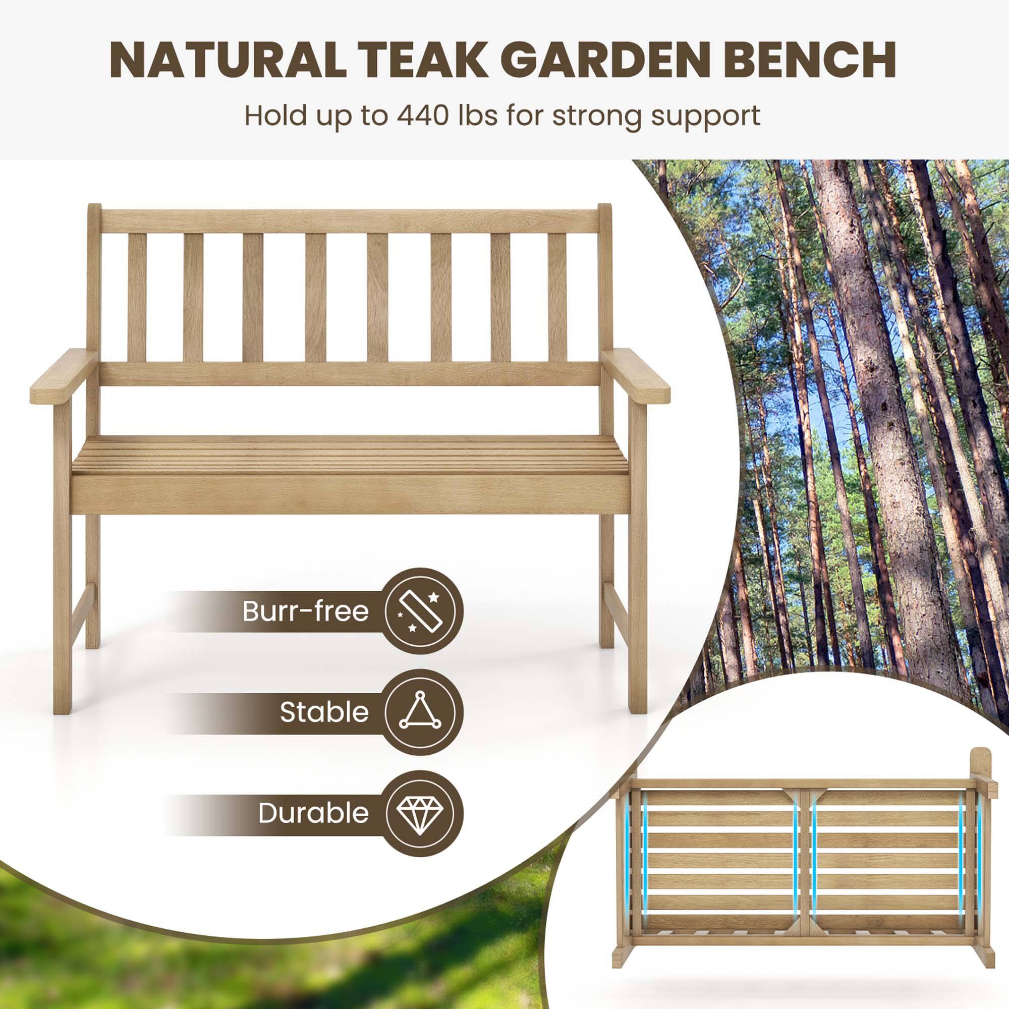 Costway Indonesia Teak Wood Garden Bench 2 Person Patio Bench with ...