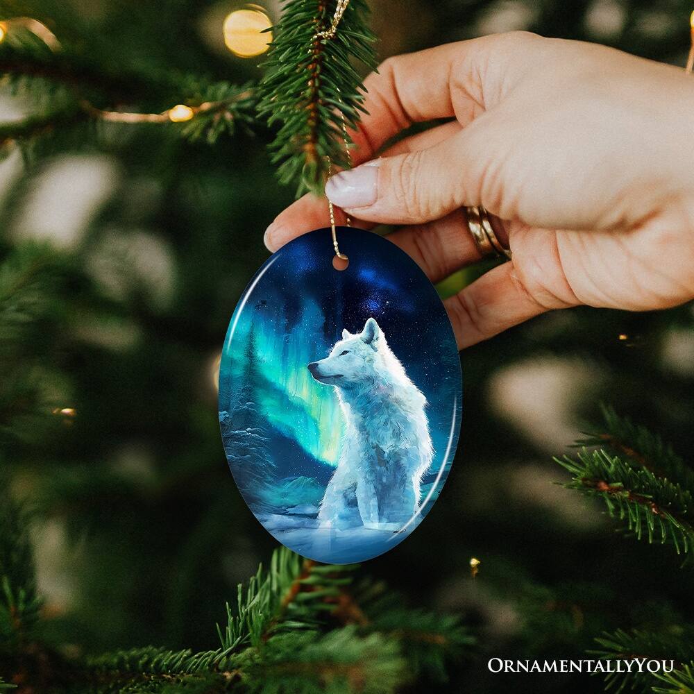 OrnamentallyYou Wild Aurora White Wolf Ceramic Ornament, Northern ...