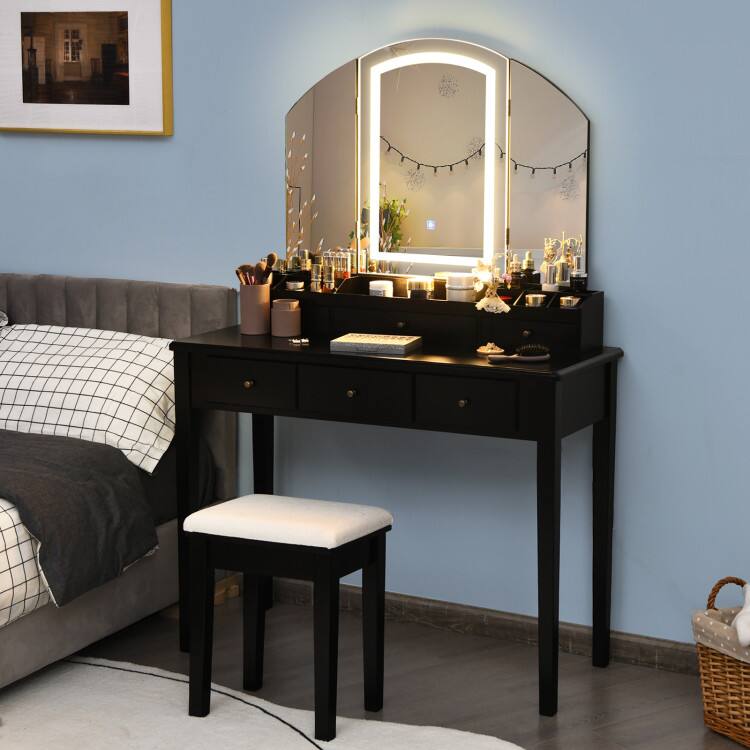 SlickBlue Vanity Desk Set with Stool and Tri Folding Lighted Mirror for ...