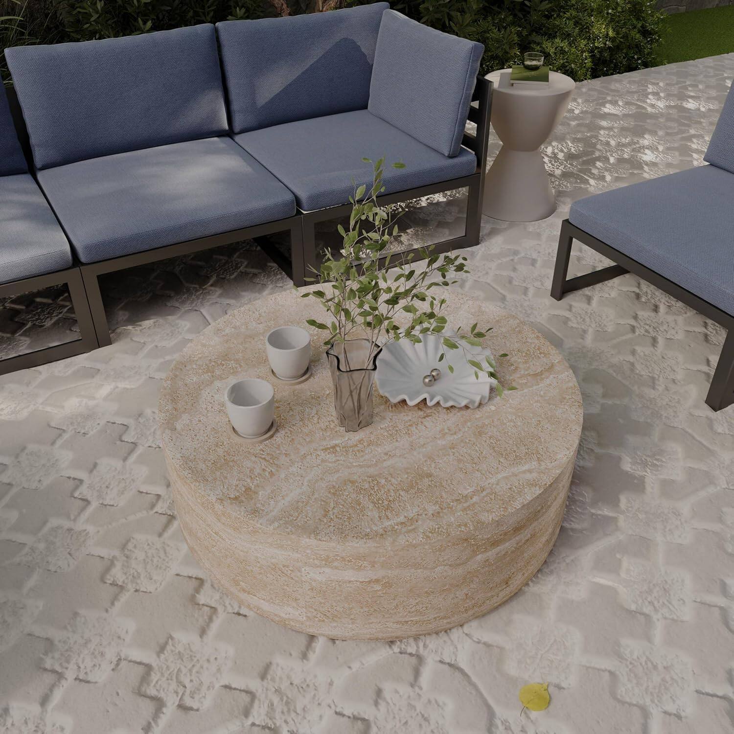 LeisureMod Sandy 32" Round Fiberstone Coffee Table, Modern Indoor ...