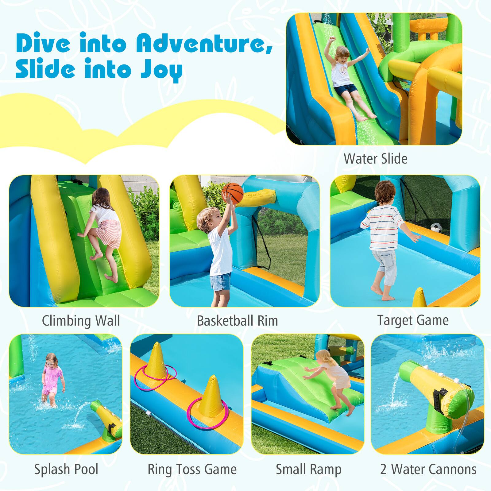 Costway Inflatable Water Park with Climbing Wall Basketball Rim Target ...