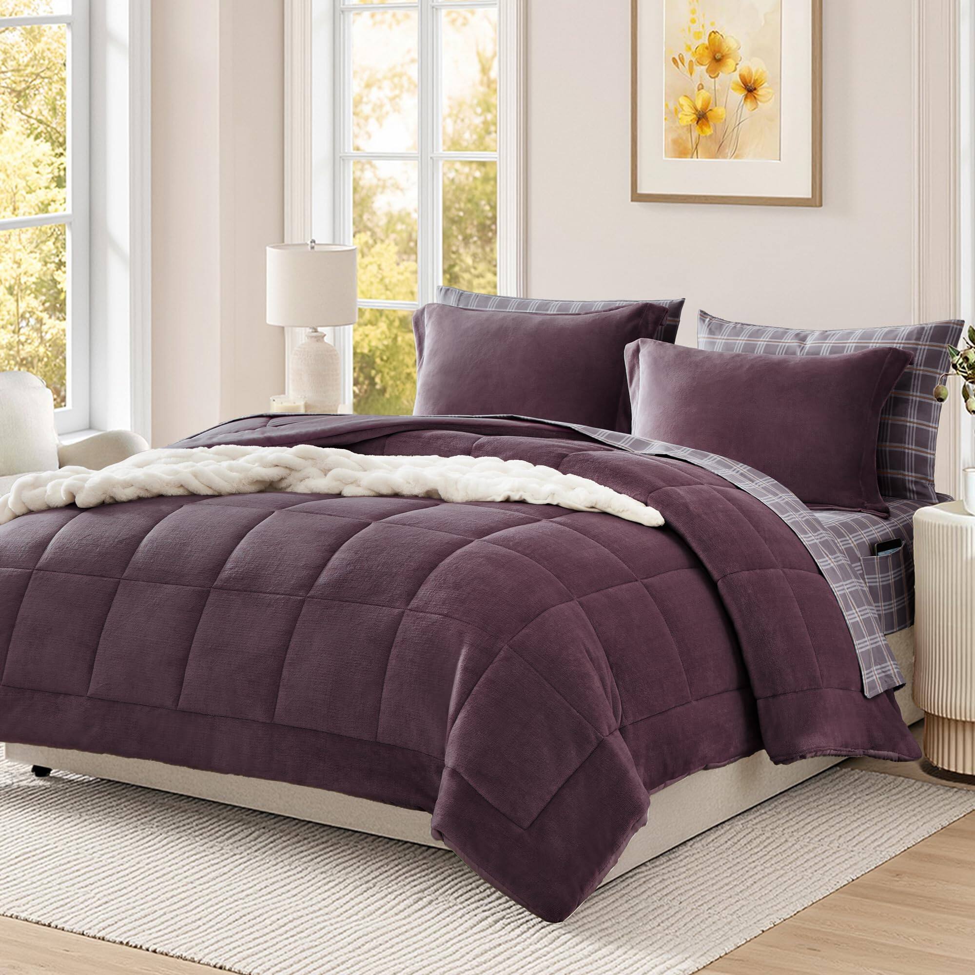 TECH SAFARI Plush Comforter Set Light Taupe Flannel Sets Bed In A Bag ...