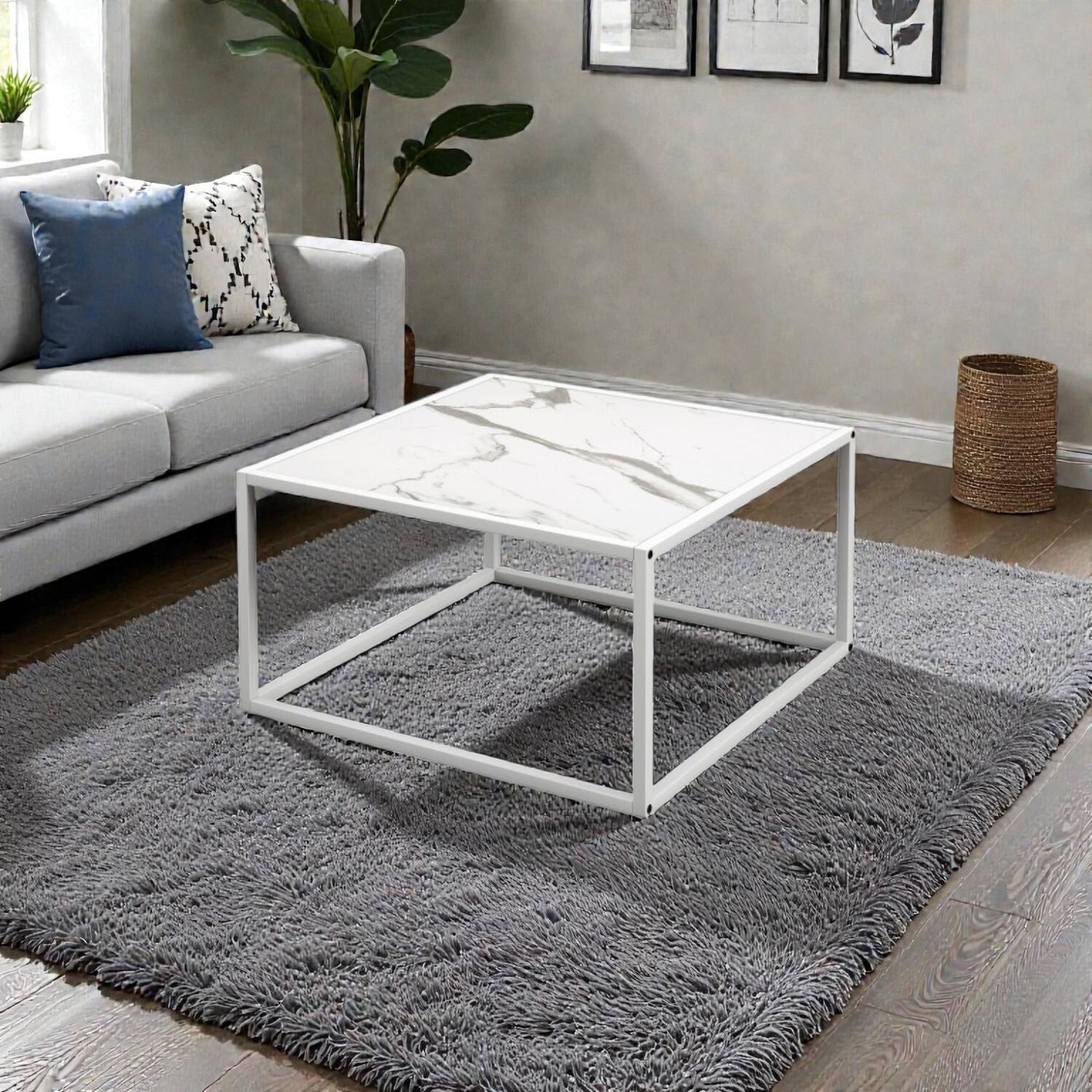 Hivvago Square Center Table with Elegant Artificial Marble Finish White ...