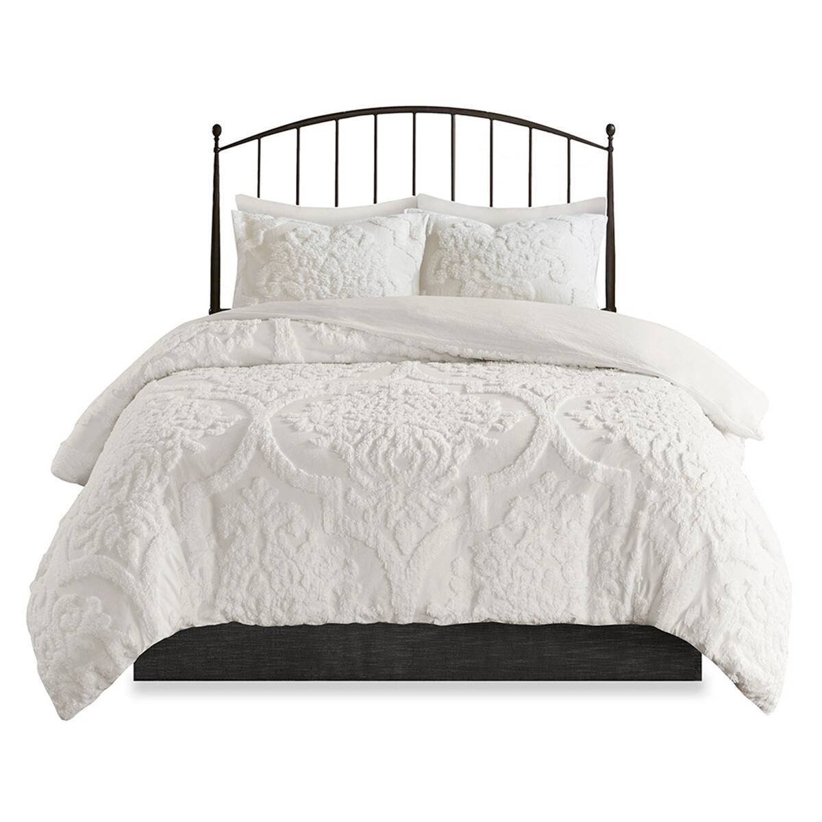 TinyHomie 3 Piece Tufted Cotton Chenille Damask Comforter Set Off White ...