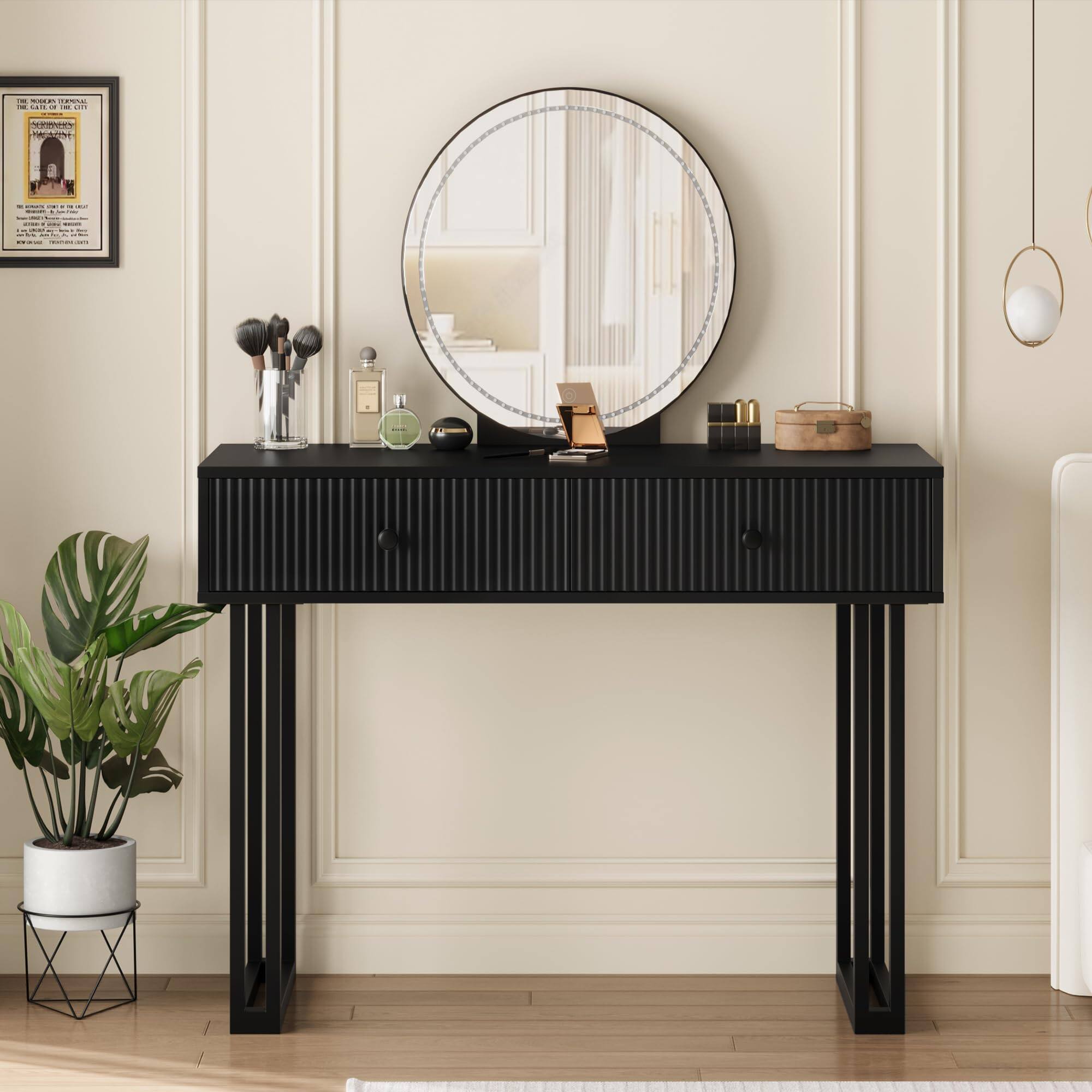 Jojoka Vanity Desk with Mirror & LED Lights, Makeup Vanity with Sliding ...