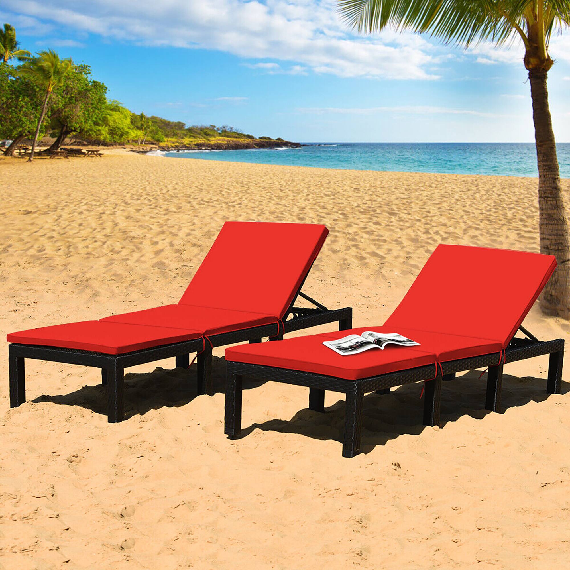 Gymax 2PCS Patio Lounge Chair Rattan Chaise w/ Adjustable Red & Off ...