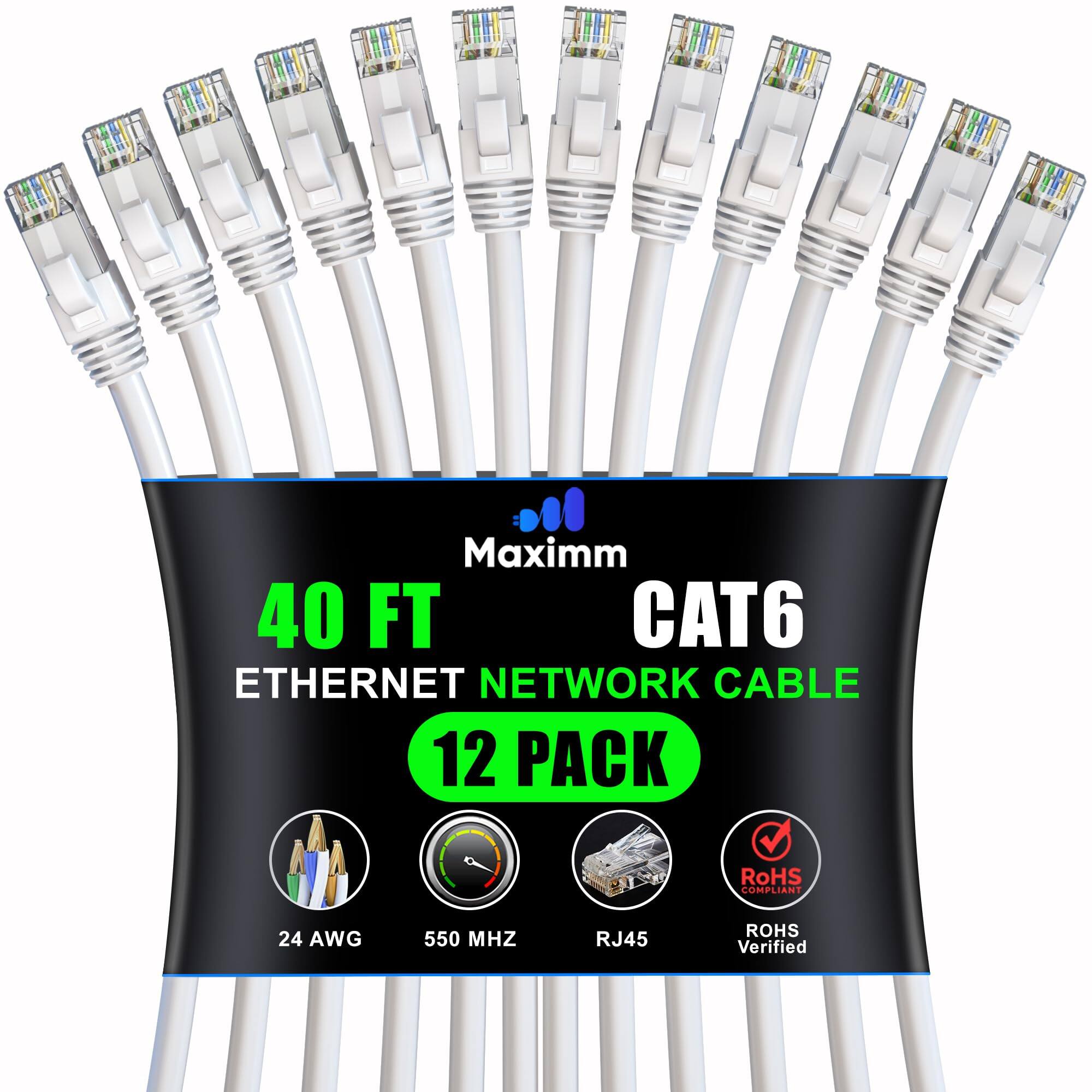Maximm Cat 6 Ethernet Cable 40 ft (12 Pack) UTP, 10Gbps, 550MHz CAT6CCA ...