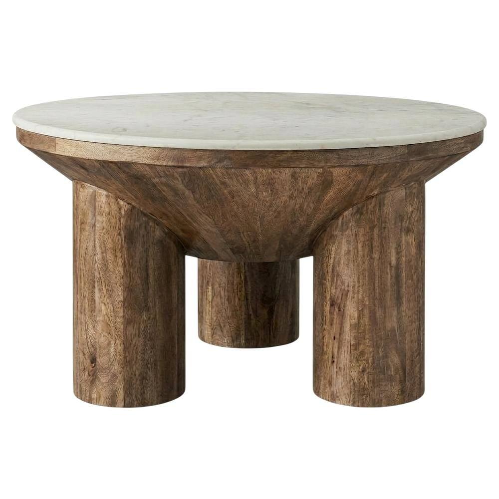FurniFact Wood Coffee Table with Marble Top, 33 Inch Round, Modern ...