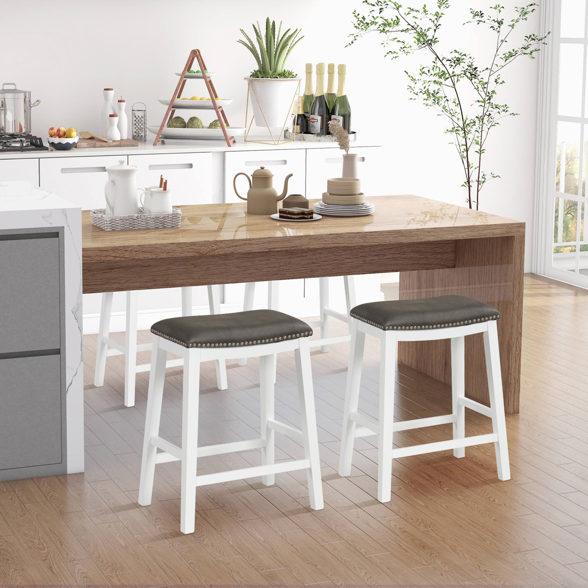 Gymax 4PCS 26'' Upholstered Counter Height Bar Stool PVC Leather Saddle ...