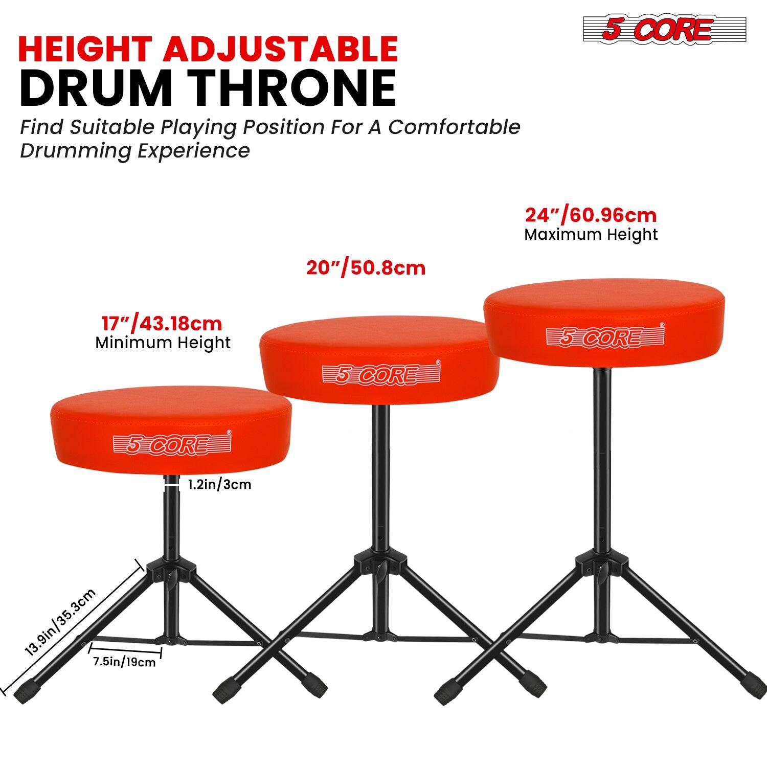 5 CORE Drum Throne 3" Thick Padded Comfortable Guitar Stool Drummer ...