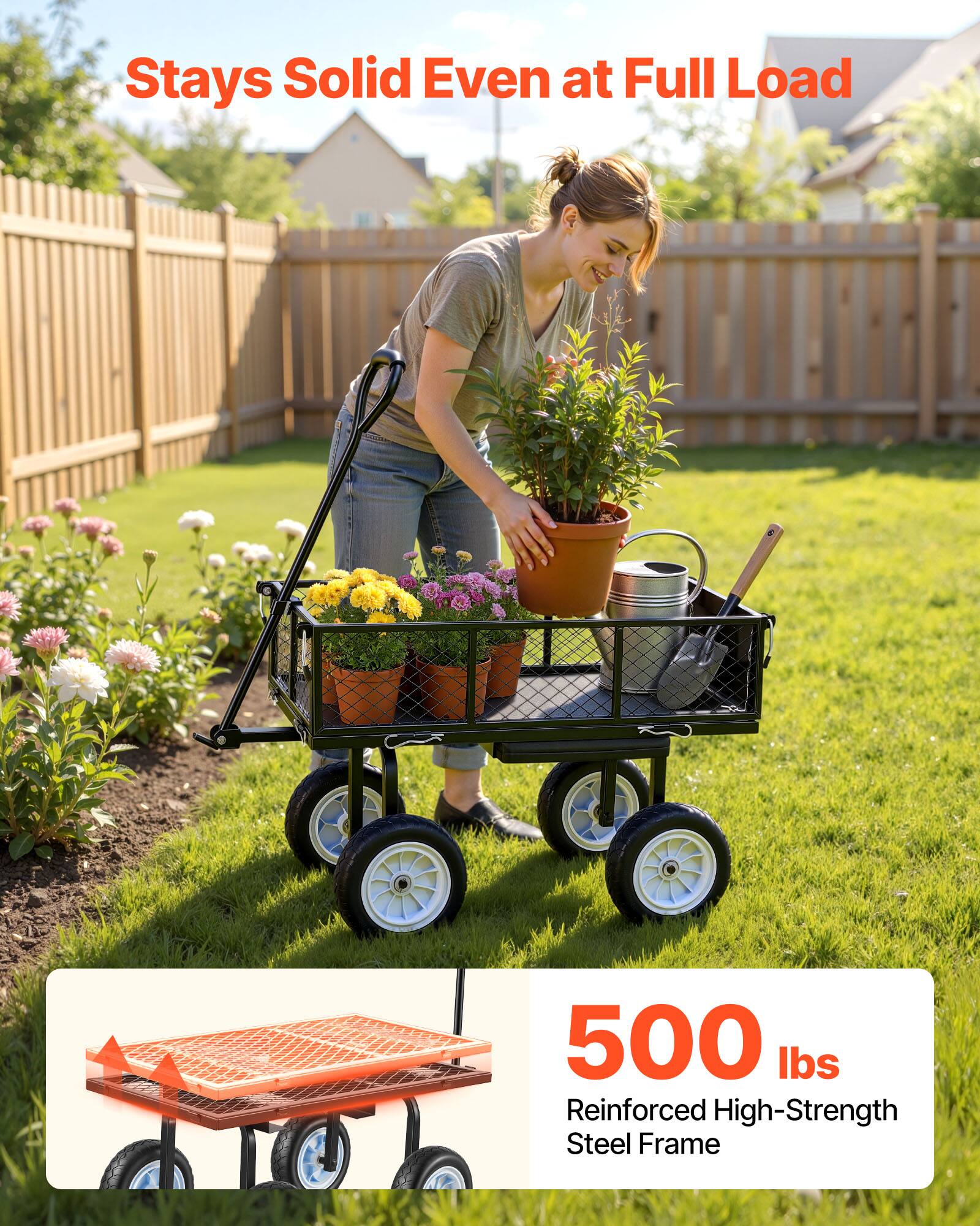 VEVOR Garden Cart with Seat, 500 LBS, Rolling Steel Garden Work Seat ...