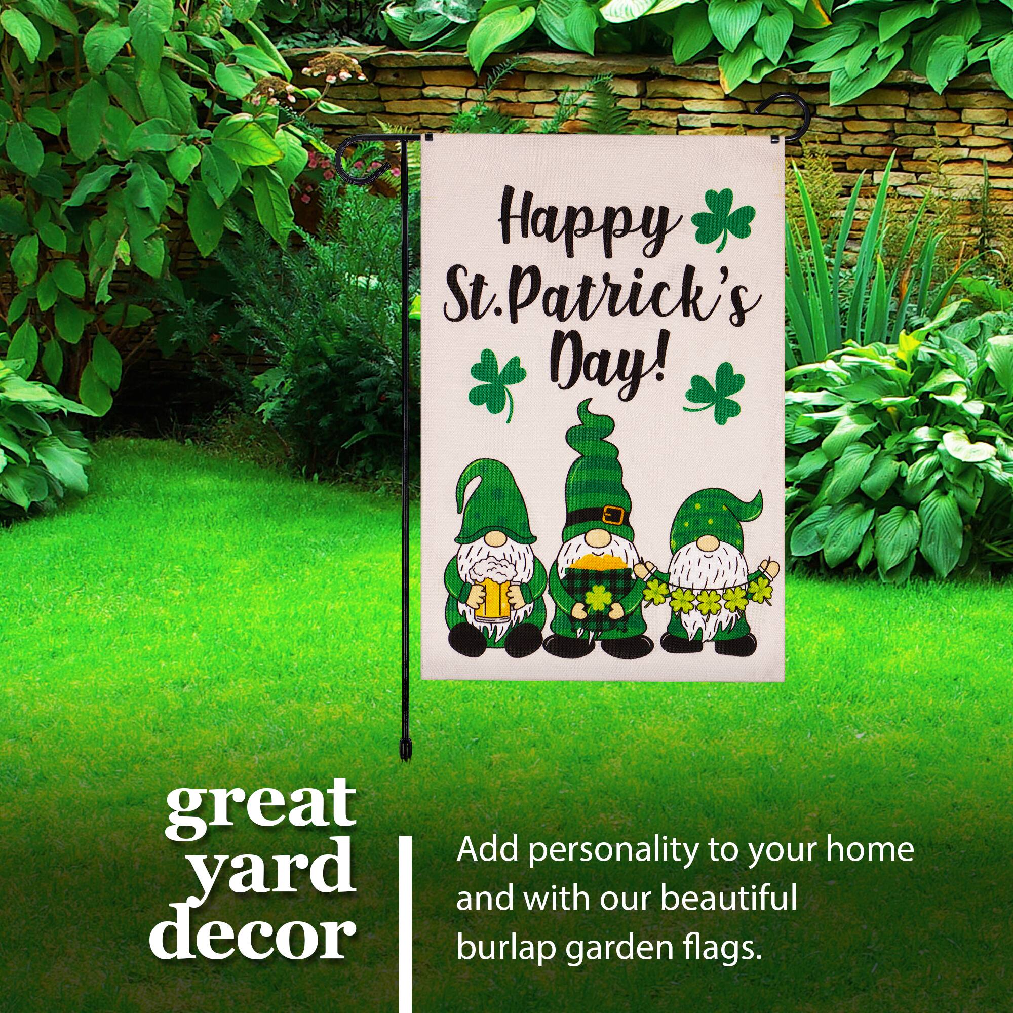 G128 Garden Flag Stand with 12x18" Double Sided Burlap Flag St. Patrick ...