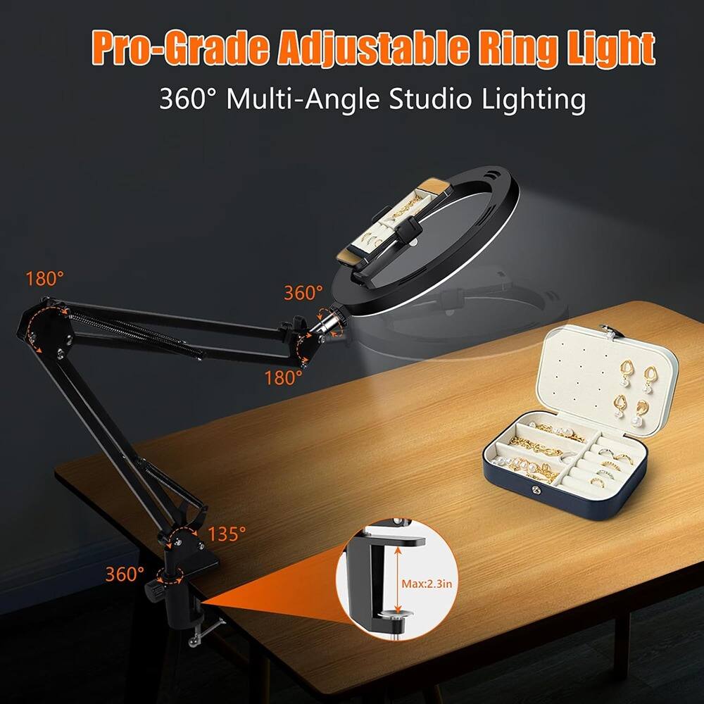 PARKER SLATER 10" clip on overhead ring light with phone mount, 360 ...