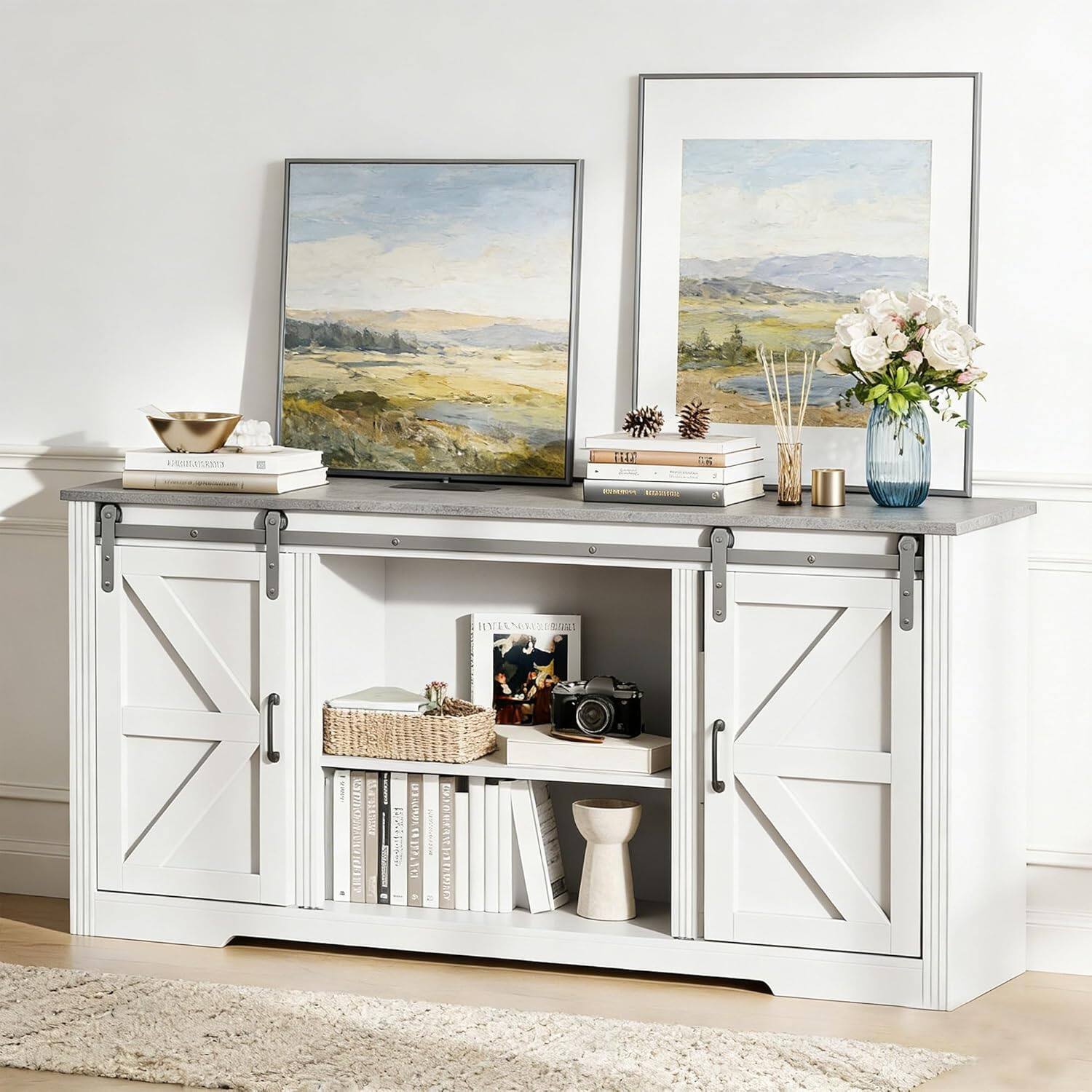 Homhougo Farmhouse TV Stand for Up to 70 Inch TVs, Rustic TV Cabinet ...