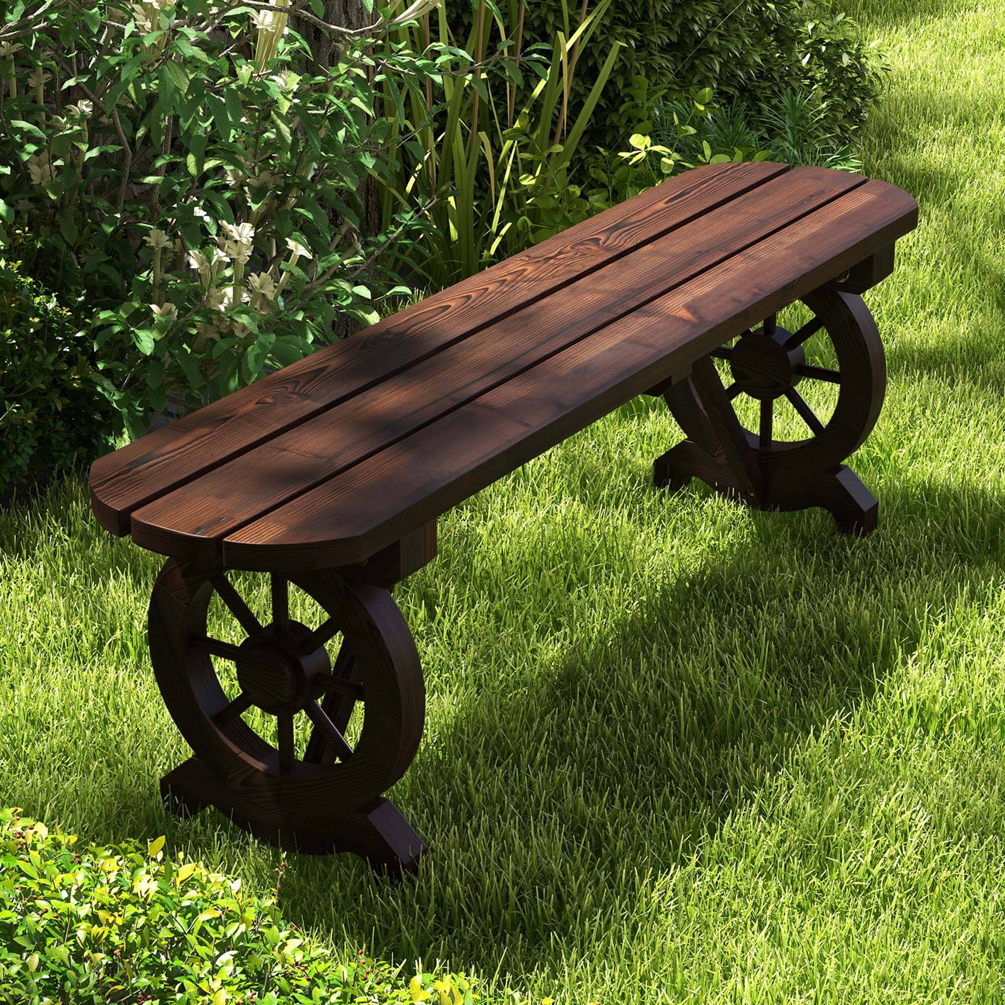 Costway Patio Rustic Wood Bench with Wagon Wheel Base Slatted Seat ...