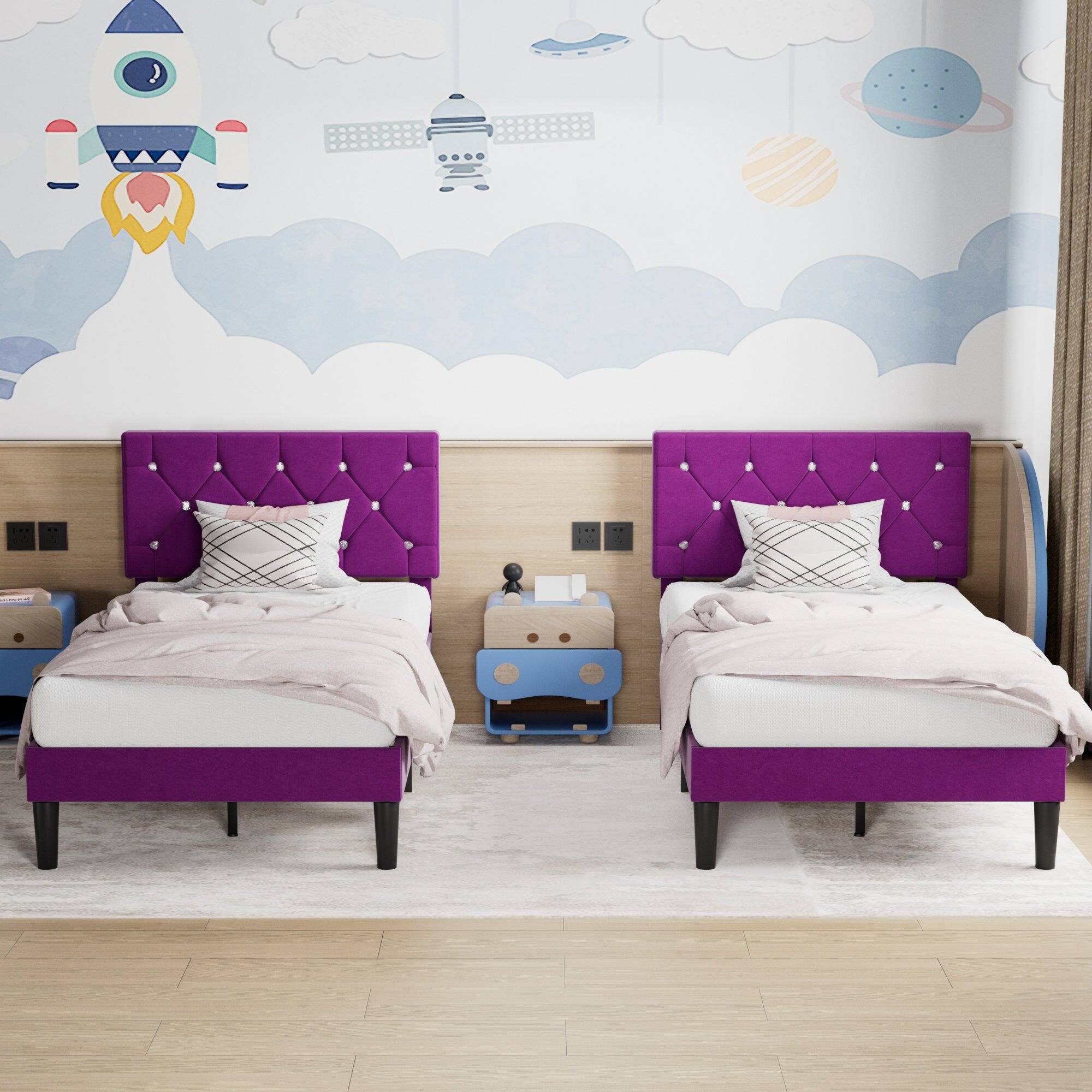 Vecelo Twin Bed Frame with Upholstered Headboard, Heavy Duty Wooden Bed ...