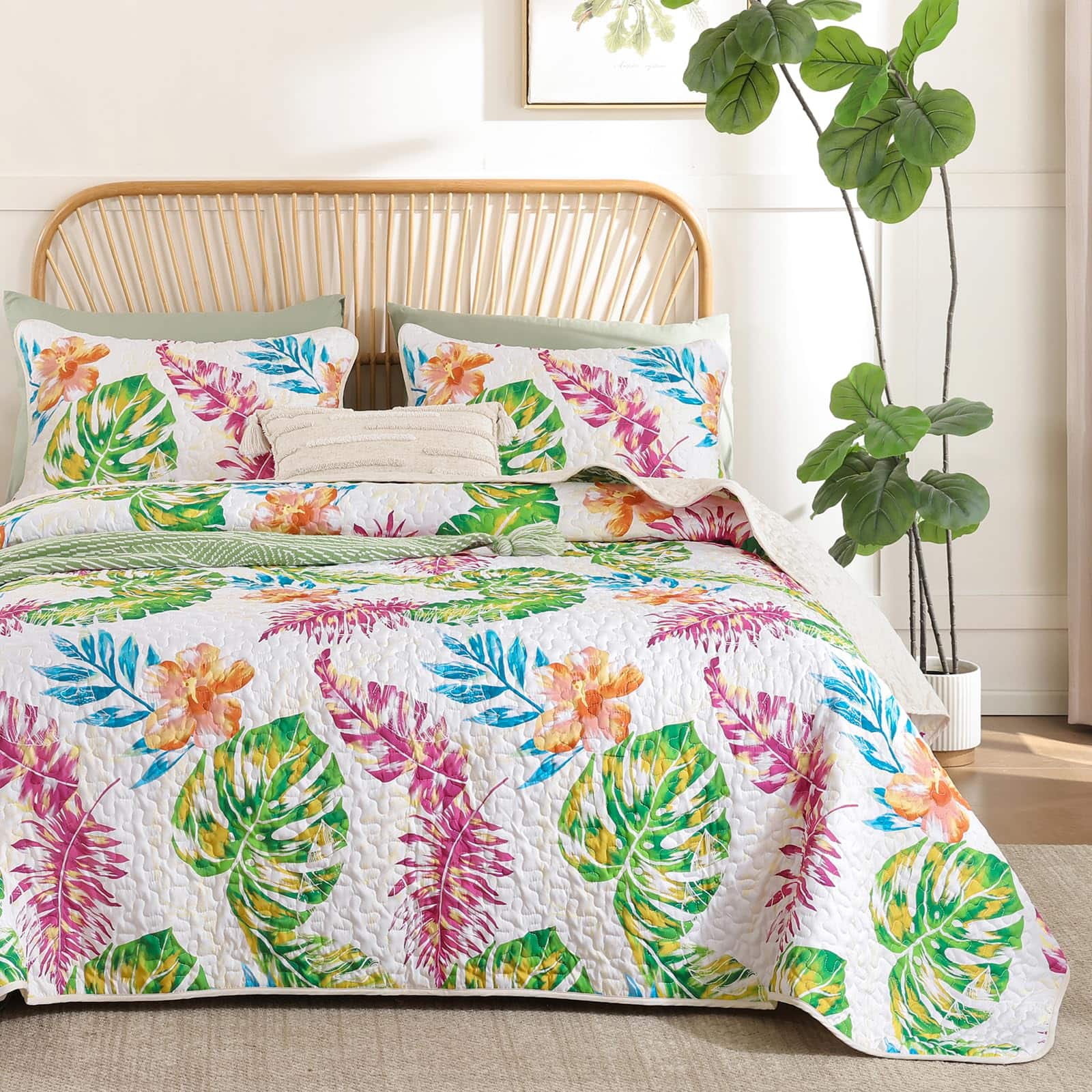 Earthley Blooms - Tropical Plants Quilt Set 3 Pieces And Palm Botanical ...