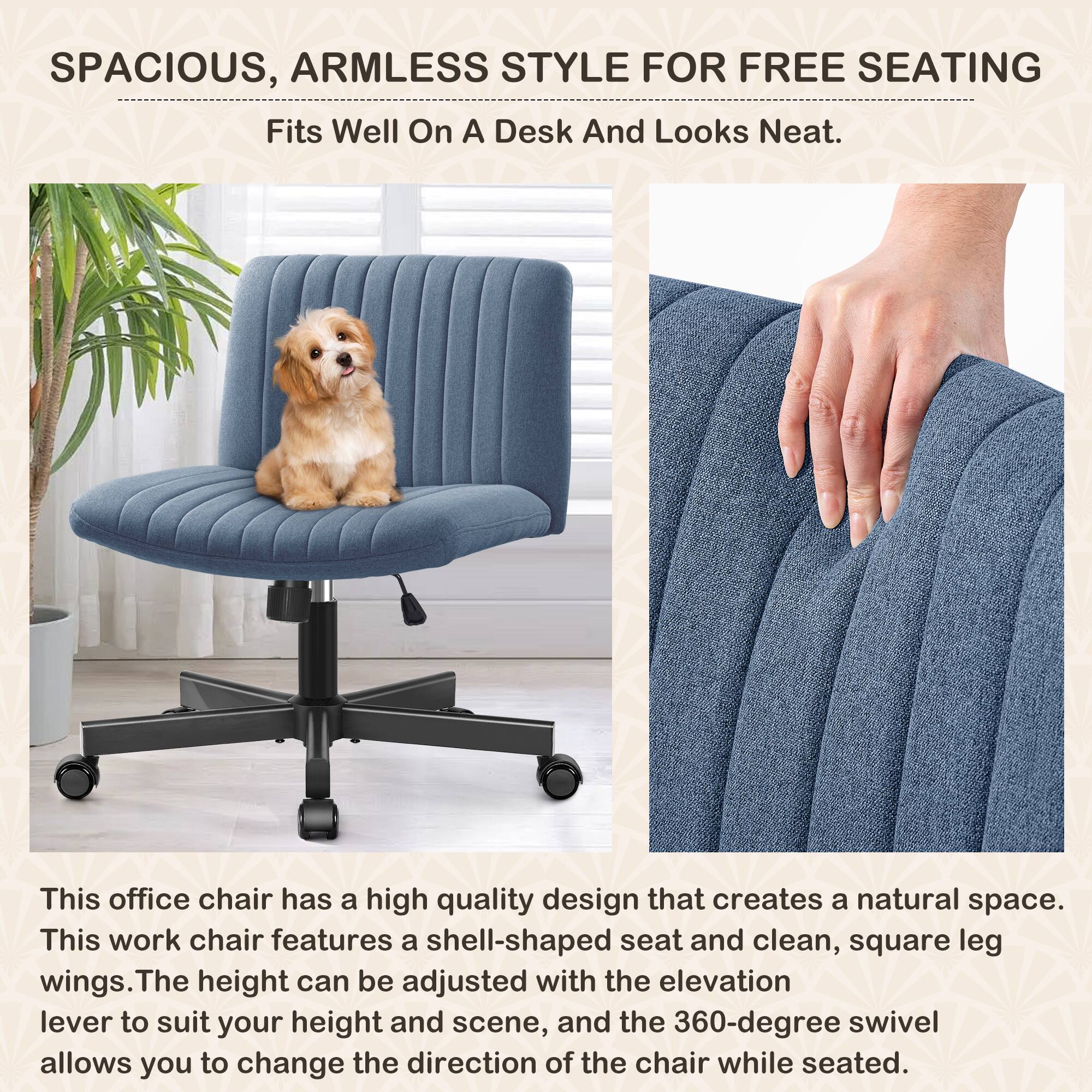 KERDOM Armless Office Chair with Wheels, Ergonomic Wide Seat Fabric ...