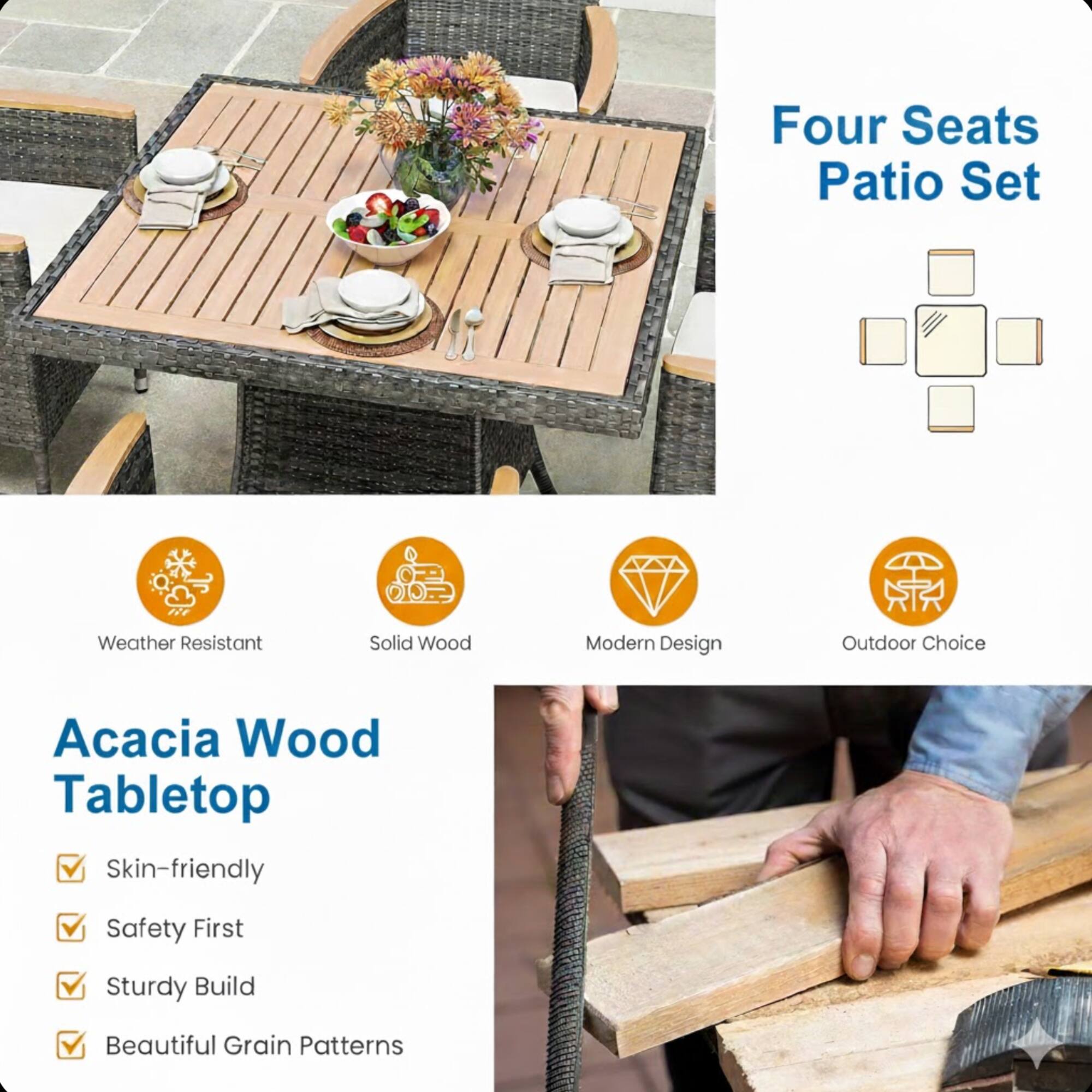 Mondawe Square Rattan Patio Dining Table with Acacia Wood Top Gray MO ...