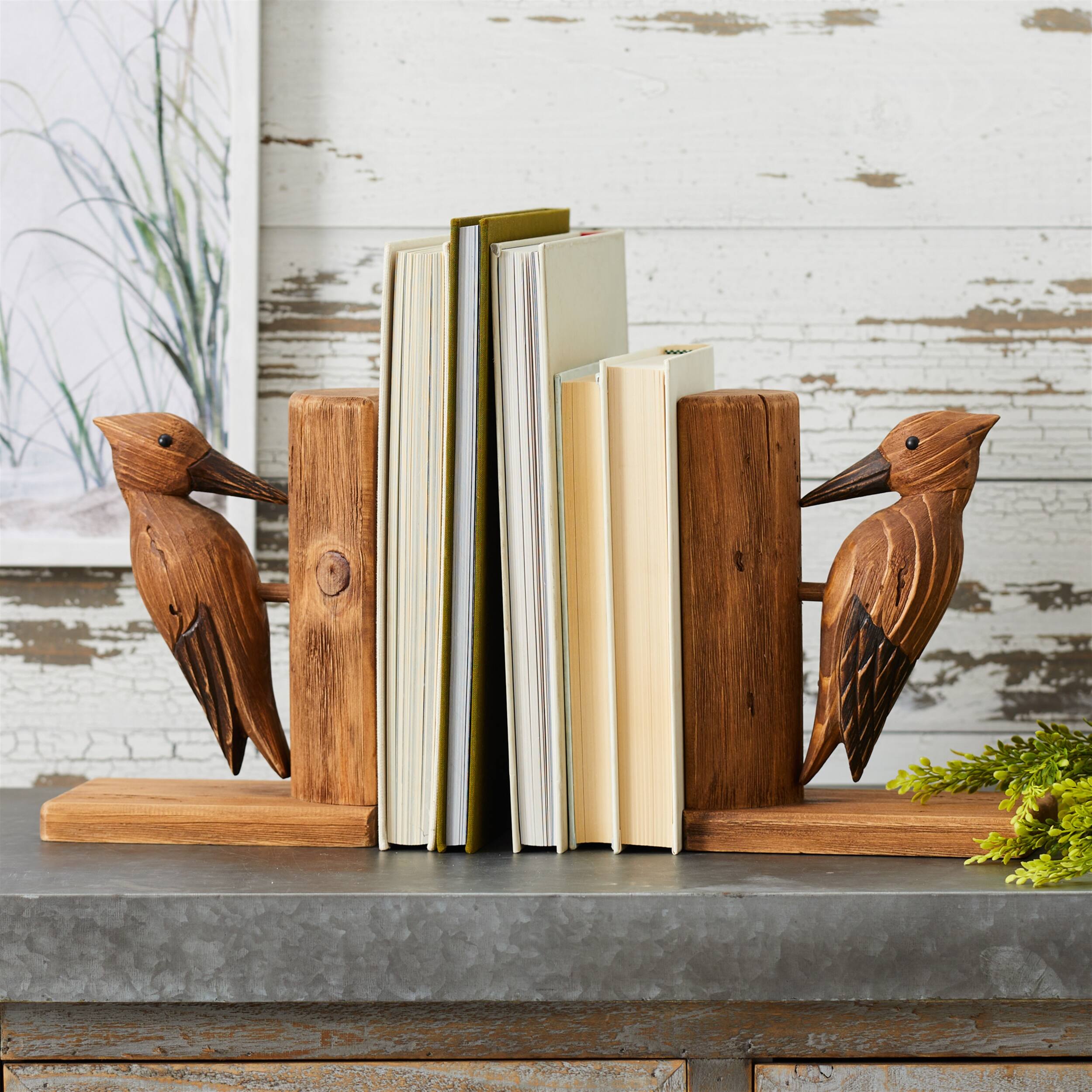 BreeBe Pine Wood Woodpecker Bird Bookend (Set of 2) Brown 96857DS ...