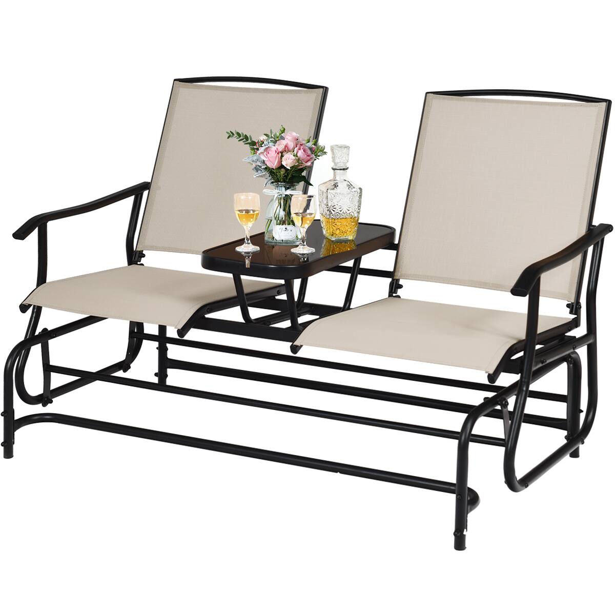 Costway 2 Person Patio Double Glider Steel Frame Loveseat Rocking with Center Table Beige ...