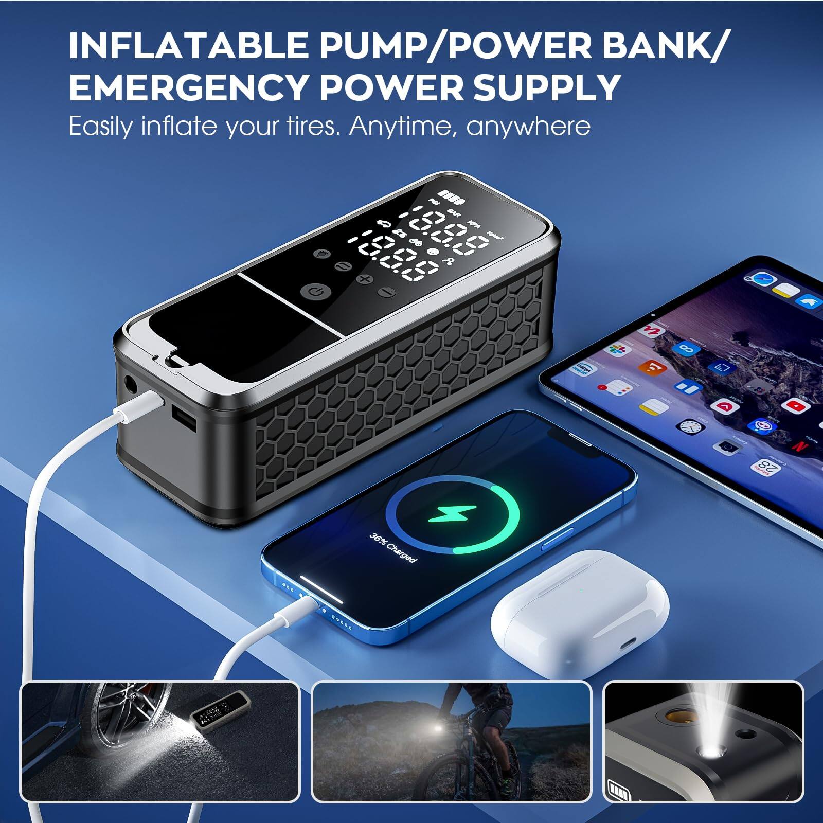 JETRANSPORT 160psi Tire Inflator Portable Air Compressor 6000mah Cordless Pump For Car Tires ...