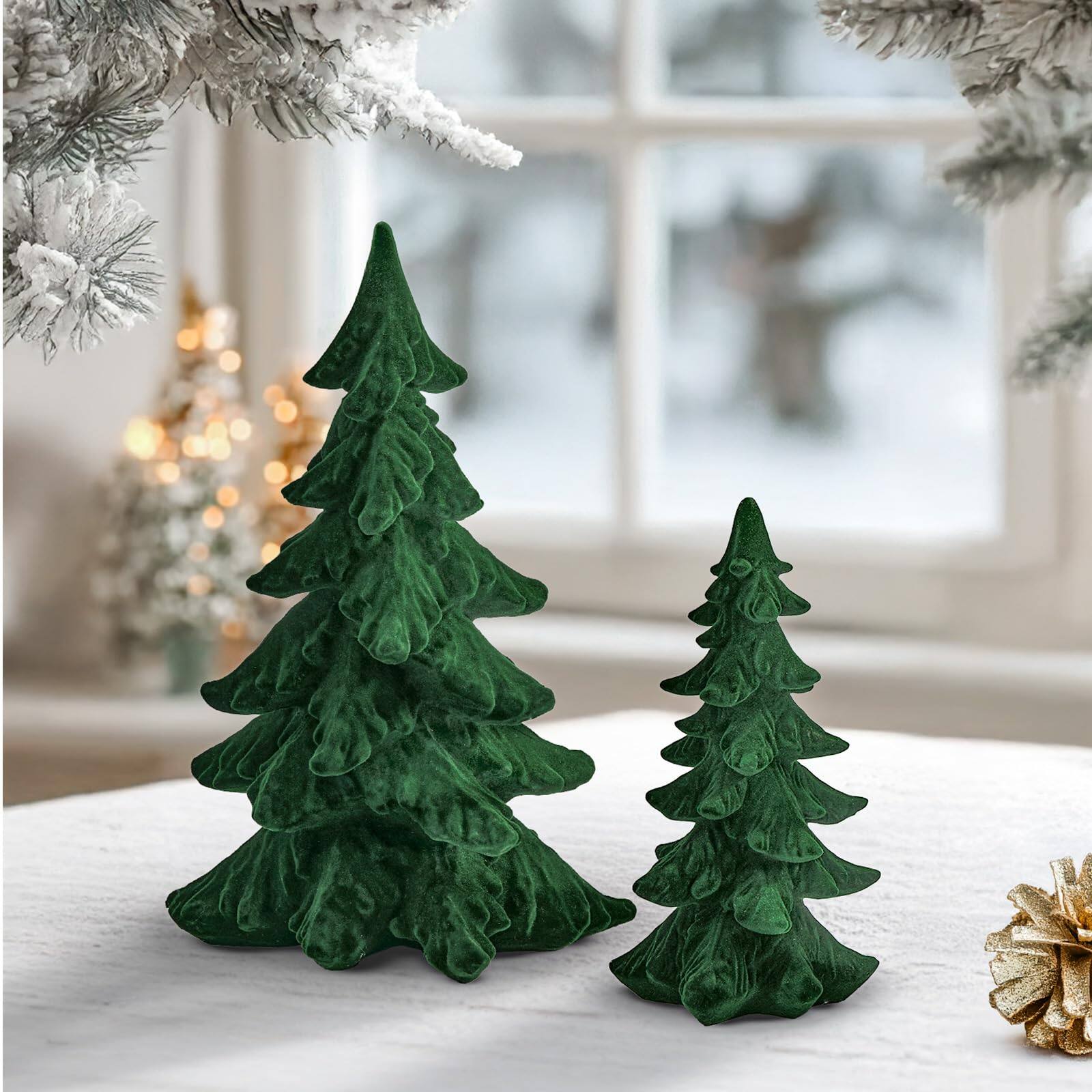 TECH SAFARI Flocked Christmas Tree Figurines Xmas Trees Set Of 2 Pine ...