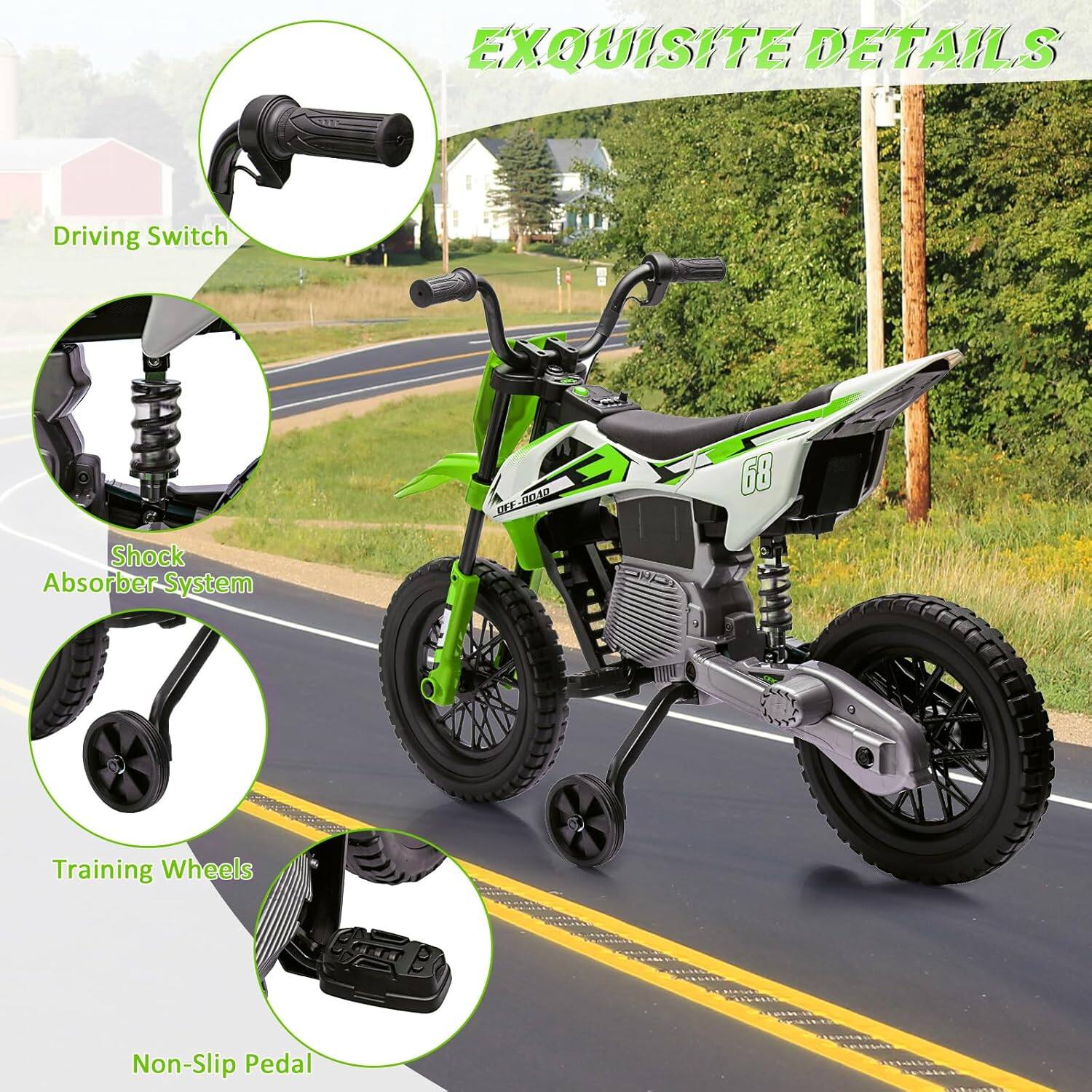 Qeetex 12V Kids Electric Motorcycle w/Training Wheels, Dirt Bike Ride ...