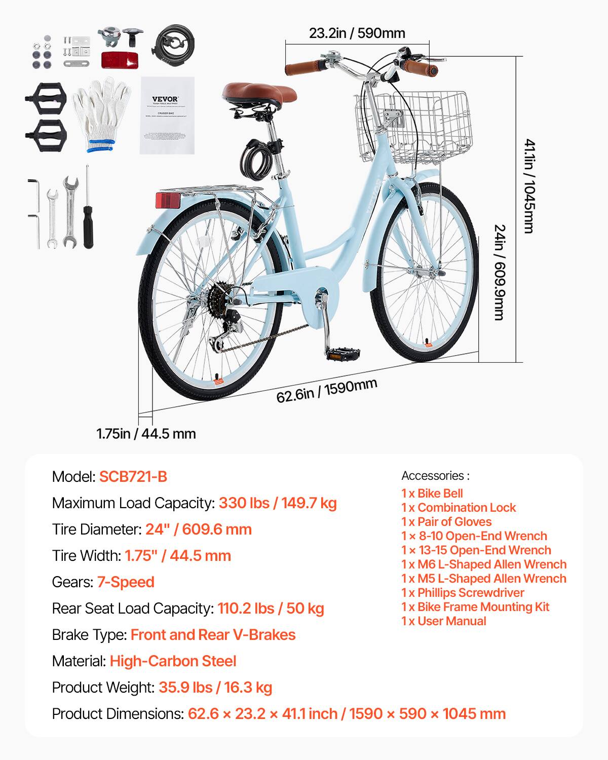 VEVOR Cruiser Bike, 7 Speed, 24 Inch Light Beach Cruiser Bike with Large Capacity Basket and ...