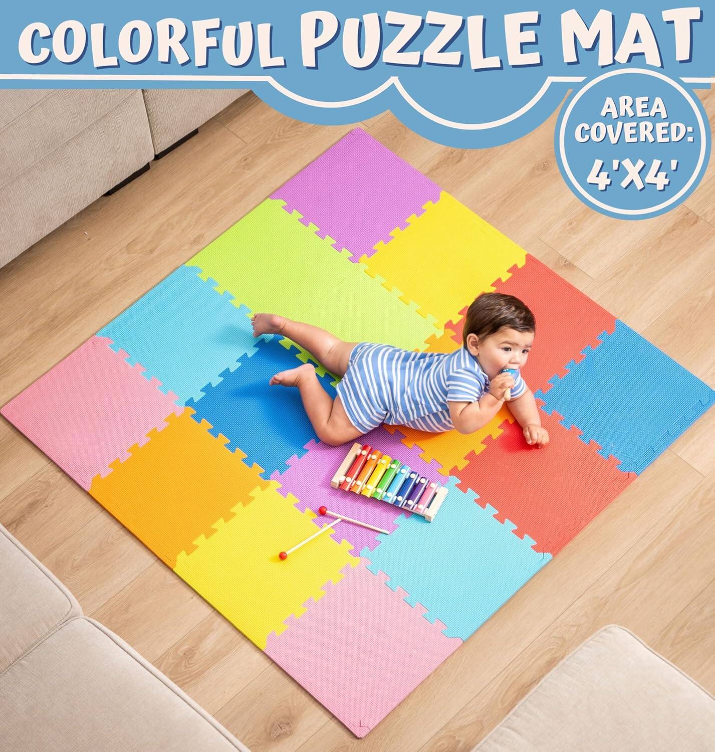 Toyvelt Foam Puzzle Floor Mat for Kids – 12x12 16 Tiles Interlocking ...