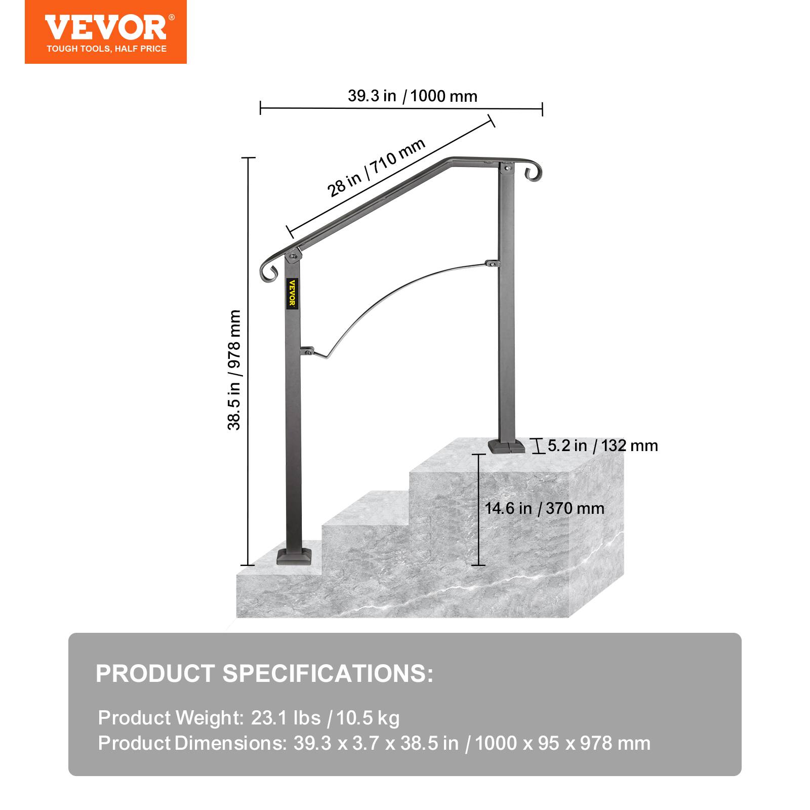 VEVOR Handrails for Outdoor Steps, Fit 2 or 3 Steps Outdoor Stair ...