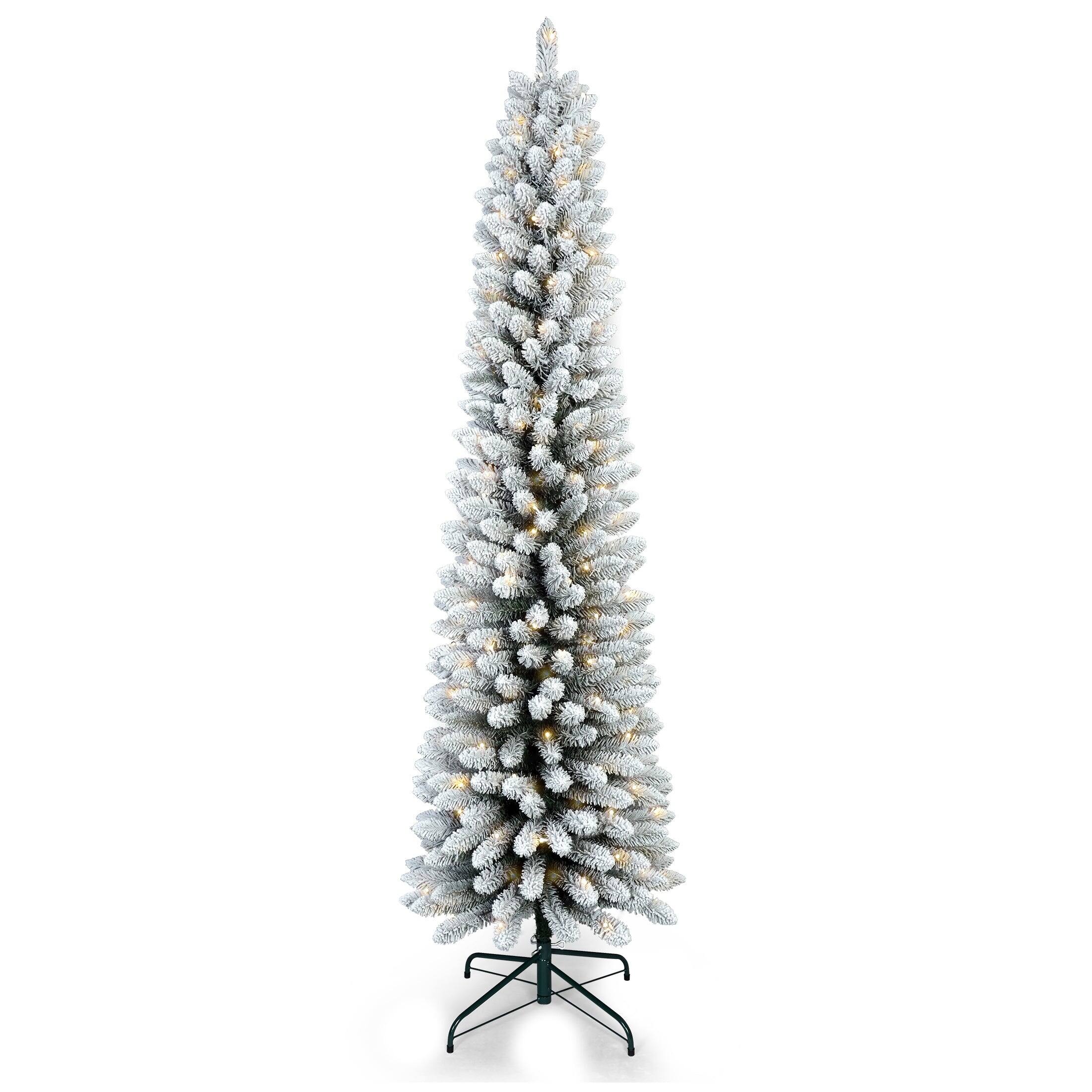 BreeBe 6FT Flocked Pencil Christmas Tree with 150 Warm White LED Lights ...