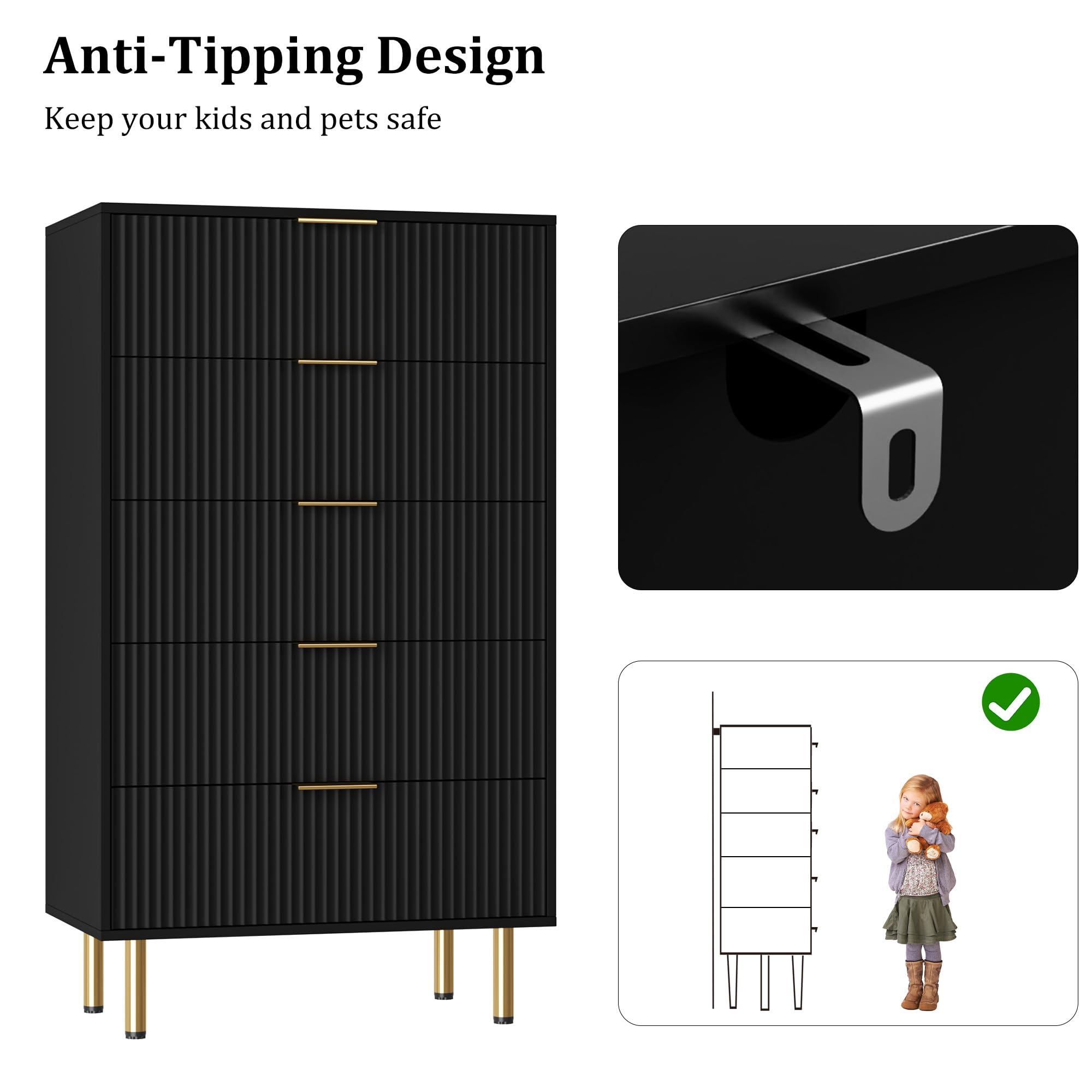 Homhougo Fluted Wood Dresser 5 Drawers Dresser for Bedroom, Modern ...