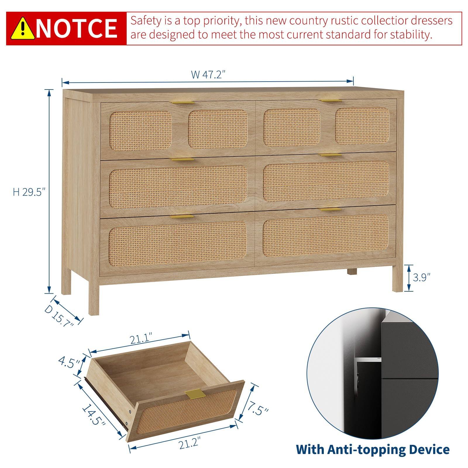 Jojoka 6 Drawer Dresser, Rattan Dresser for Bedroom, Farmhouse Wood ...