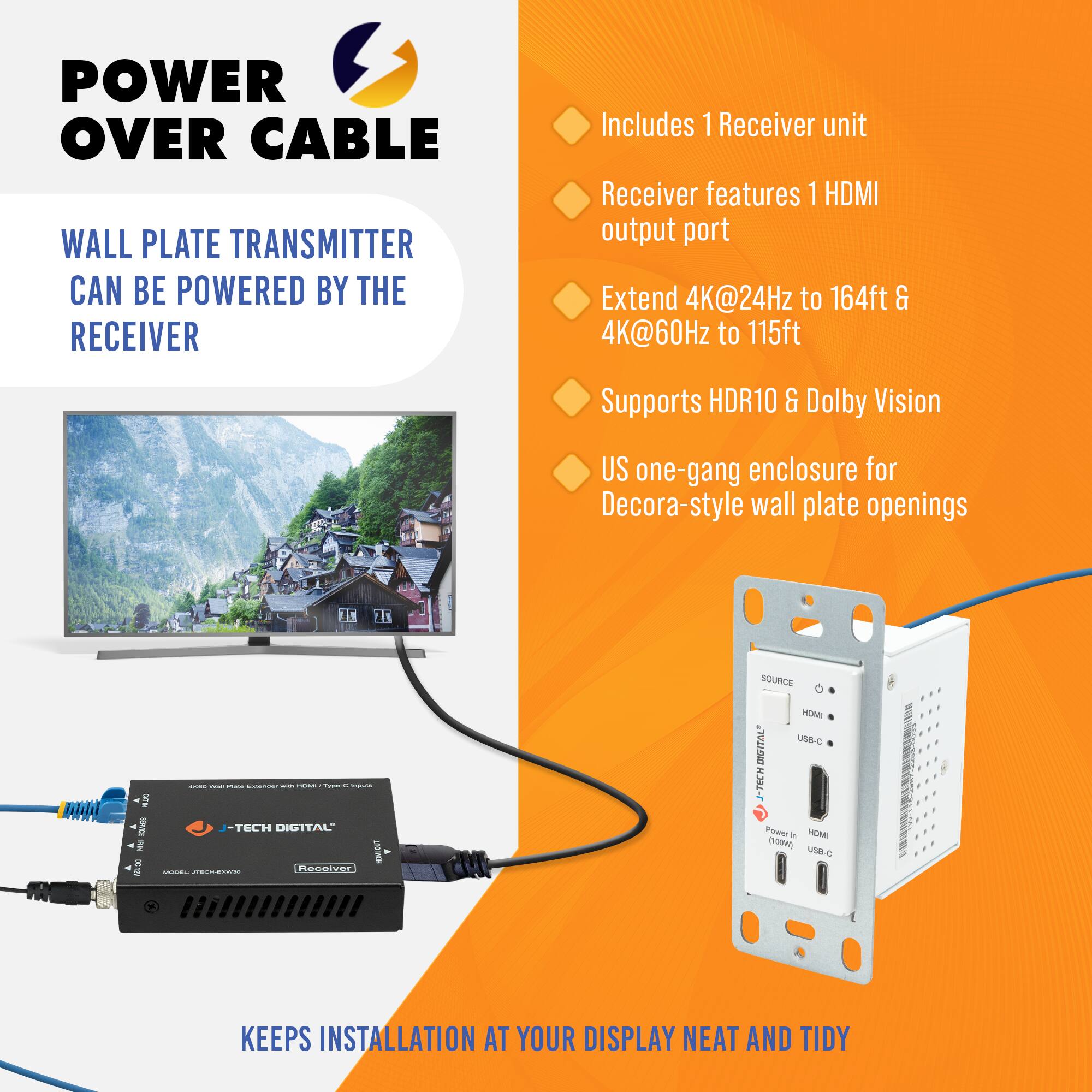 J Tech Digital 4K 60Hz Wall Plate HDMI Extender Over Ethernet with HDMI ...