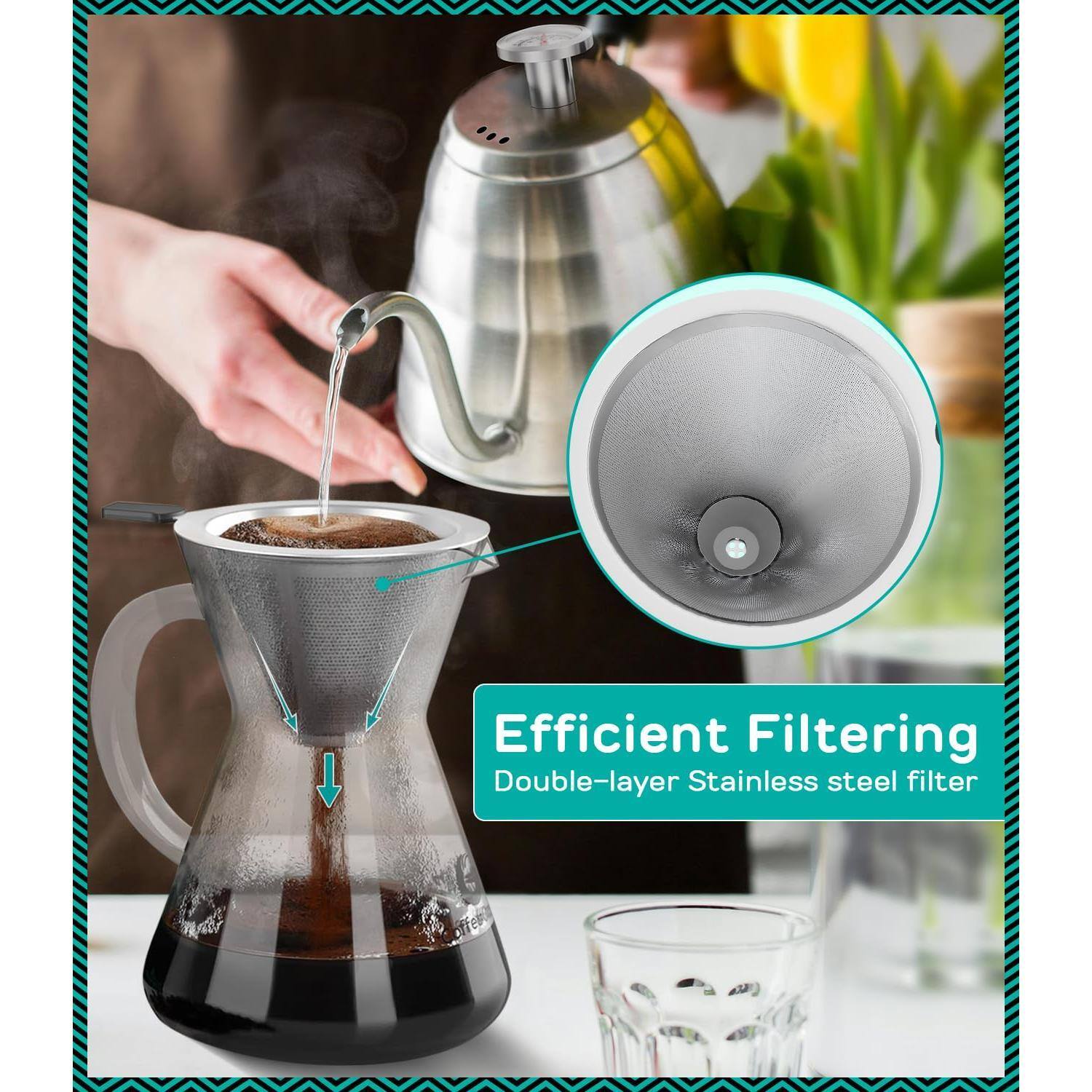 Dapper Styles Pour Over Maker High Heat Borosilicate Glass With Reusable Stainless Steel Filter ...