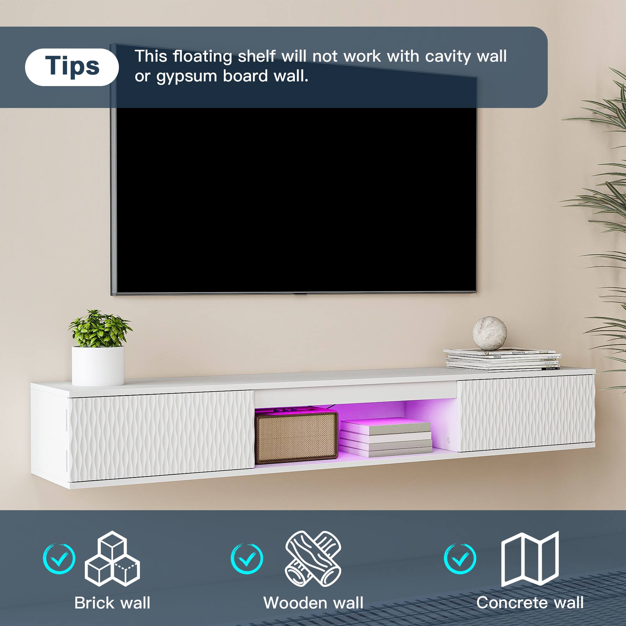 Kadyn Wall Mounted Floating TV Stand with LED Lighting and Textured ...