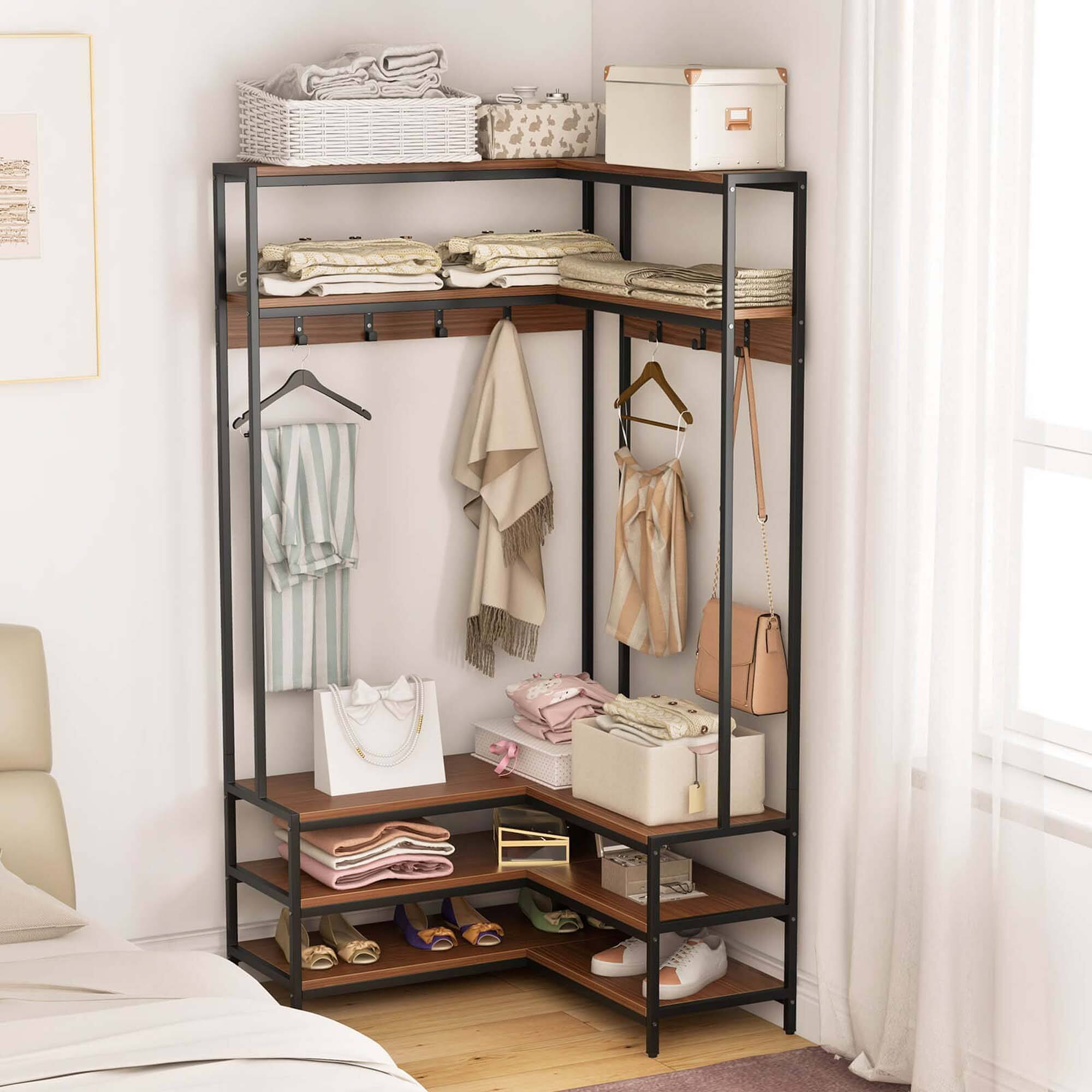 Costway Corner Garment Rack L shaped Clothes Rack with Open Shelves ...