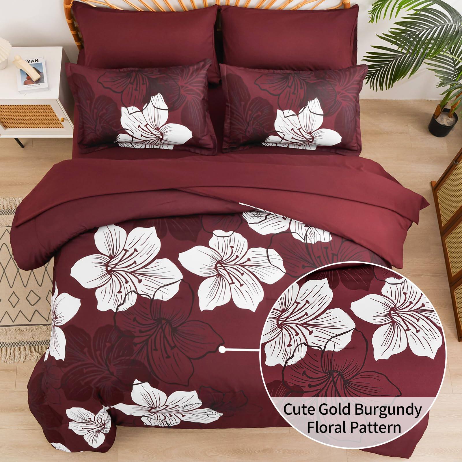 Paradigms Interiors 7 Pieces Size Comforter Set Burgundy Floral Bed In ...