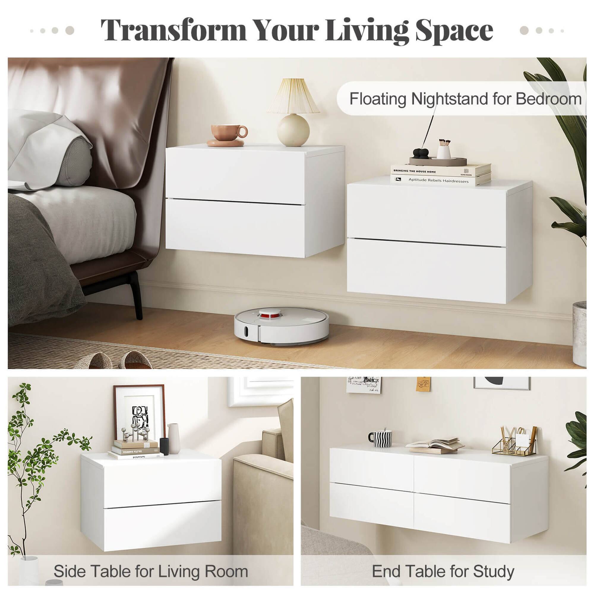 Costway 2 PCS Floating Nightstand with Drawer Storage Modern Floating ...