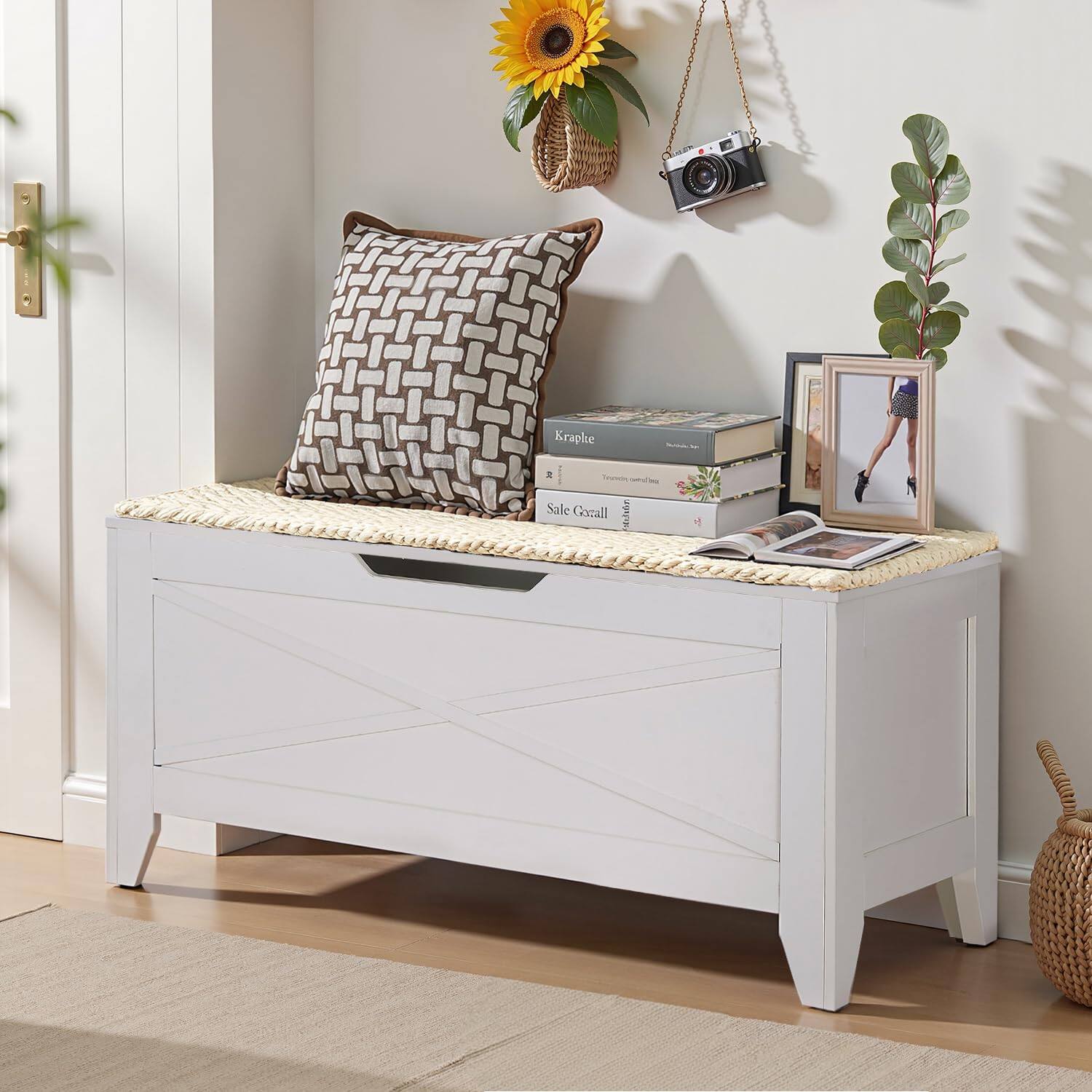 Fabibe Farmhouse Wood Bench Storage Chest, 43.3in Wooden with Safety ...